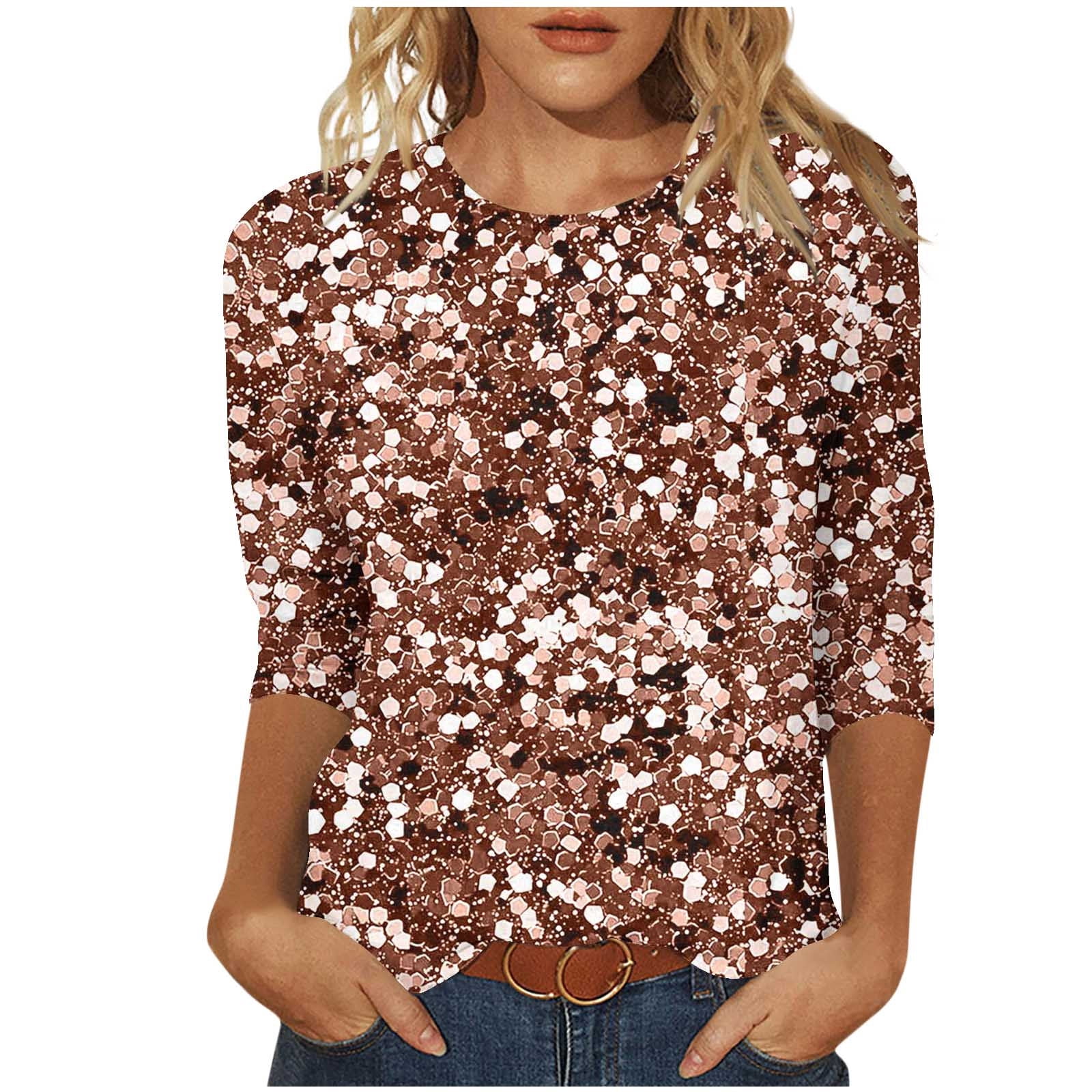 VINUSLI Womens Shiny Tops Elegant 3/4 Sleeve Round Neck Sequin Shirt ...