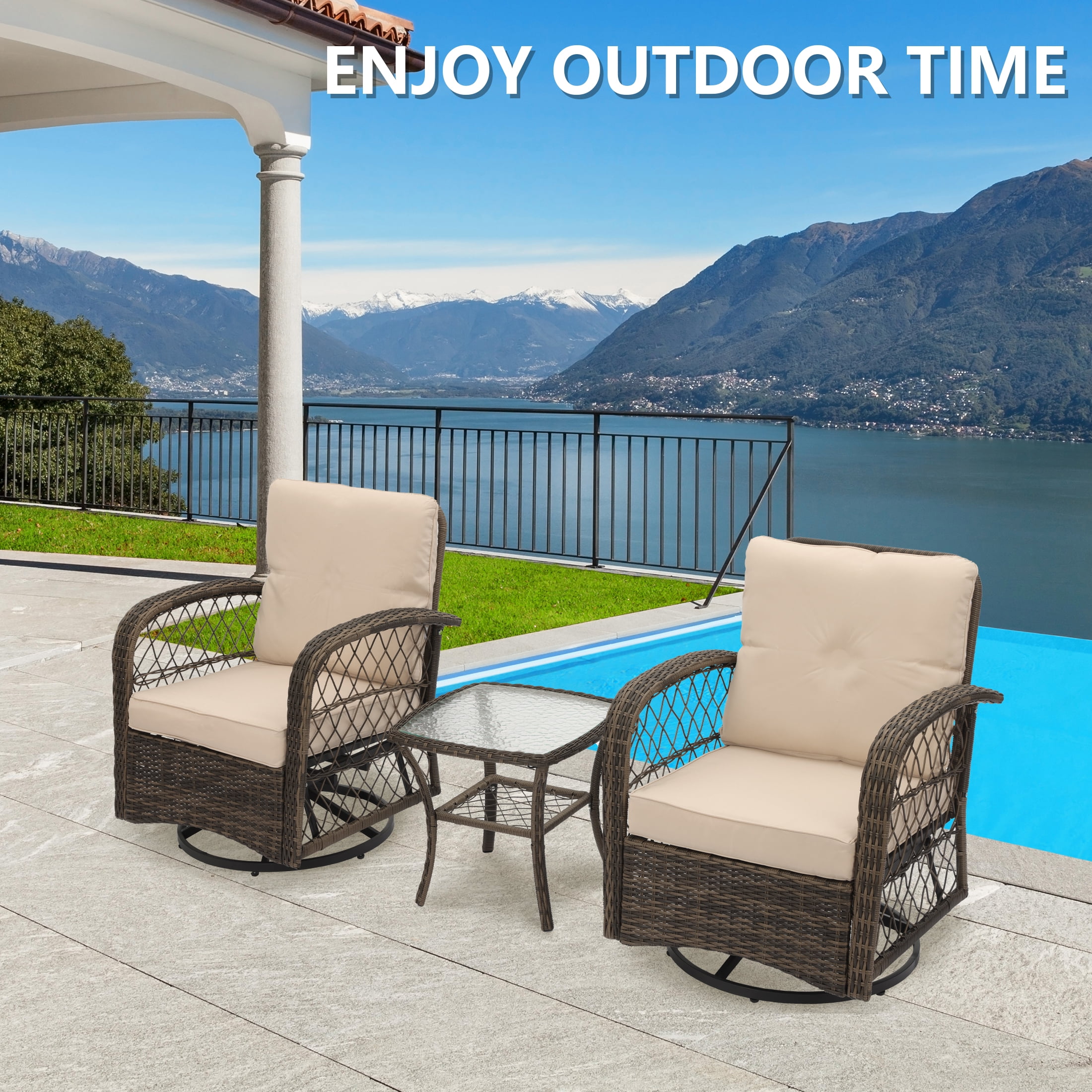 VINYUSE 3 Pieces Outdoor Patio Furniture Wicker Swivel Chair with ...