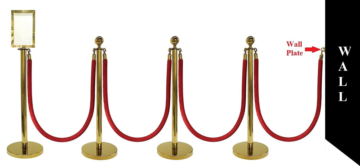 VIP Crowd Control, 4 Gold Crown Rope Stanchions + 4 Red Velour Ropes ...