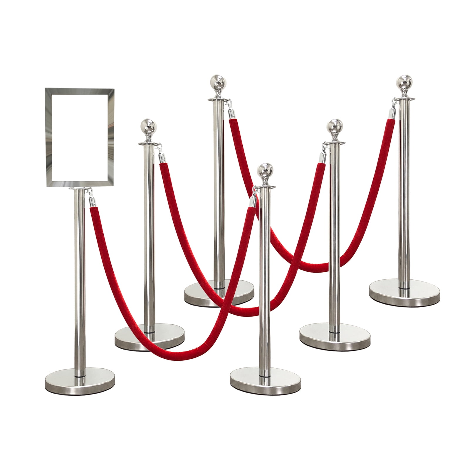 VIP Crowd Control, 6 Mirror Crown Rope Stanchions + 4 Red Velour Ropes ...