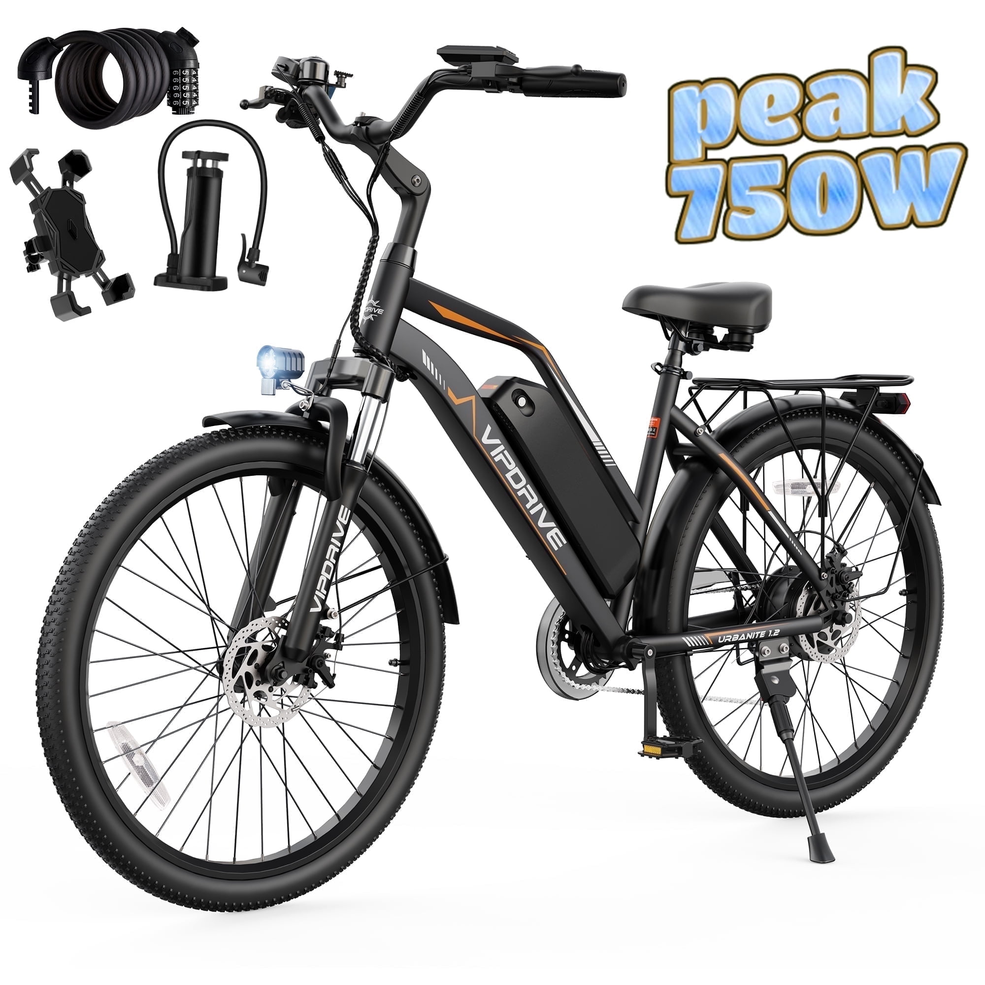 VIPDRIVE 26" Electric Bicycle for Adults, Women's Cruiser eBike with ...