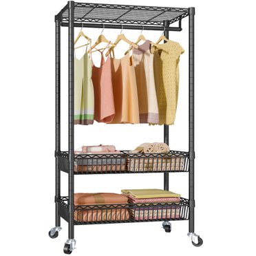 3-Tier Metal Rolling Laundry Cart with Hanging Bar Wheel,Organizer ...