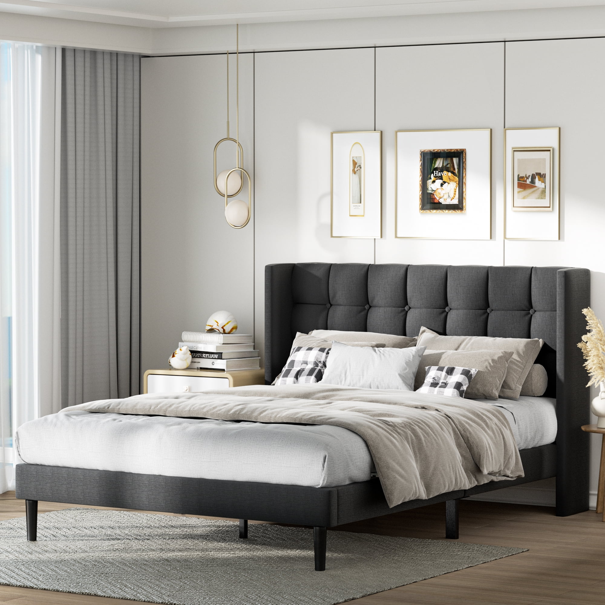 VIPLOV Full Bed Frame with Box-Tufted Headboard and Upholstered ...