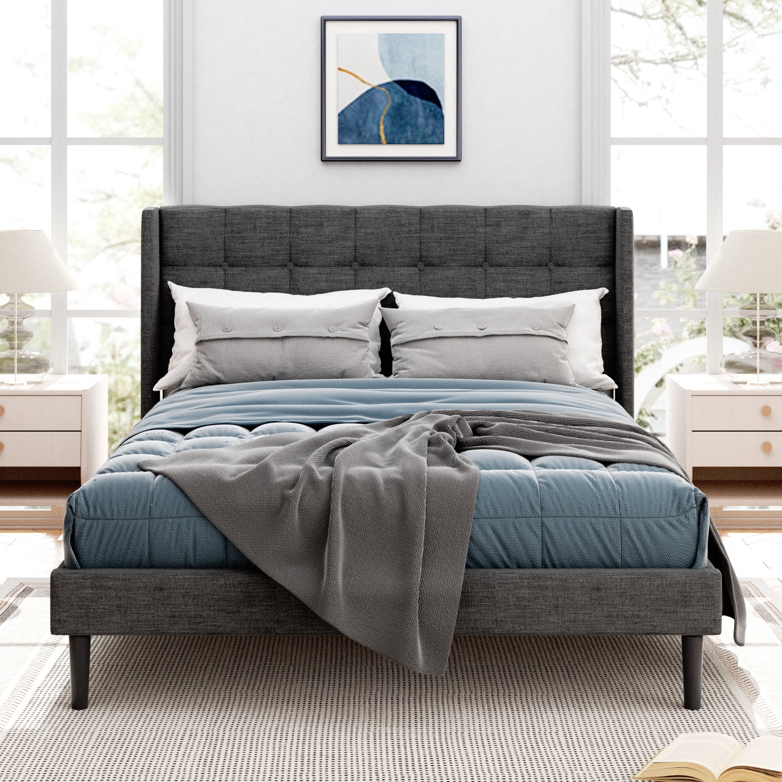 VIPLOV Full Bed Frame with Box-Tufted Headboard and Upholstered ...