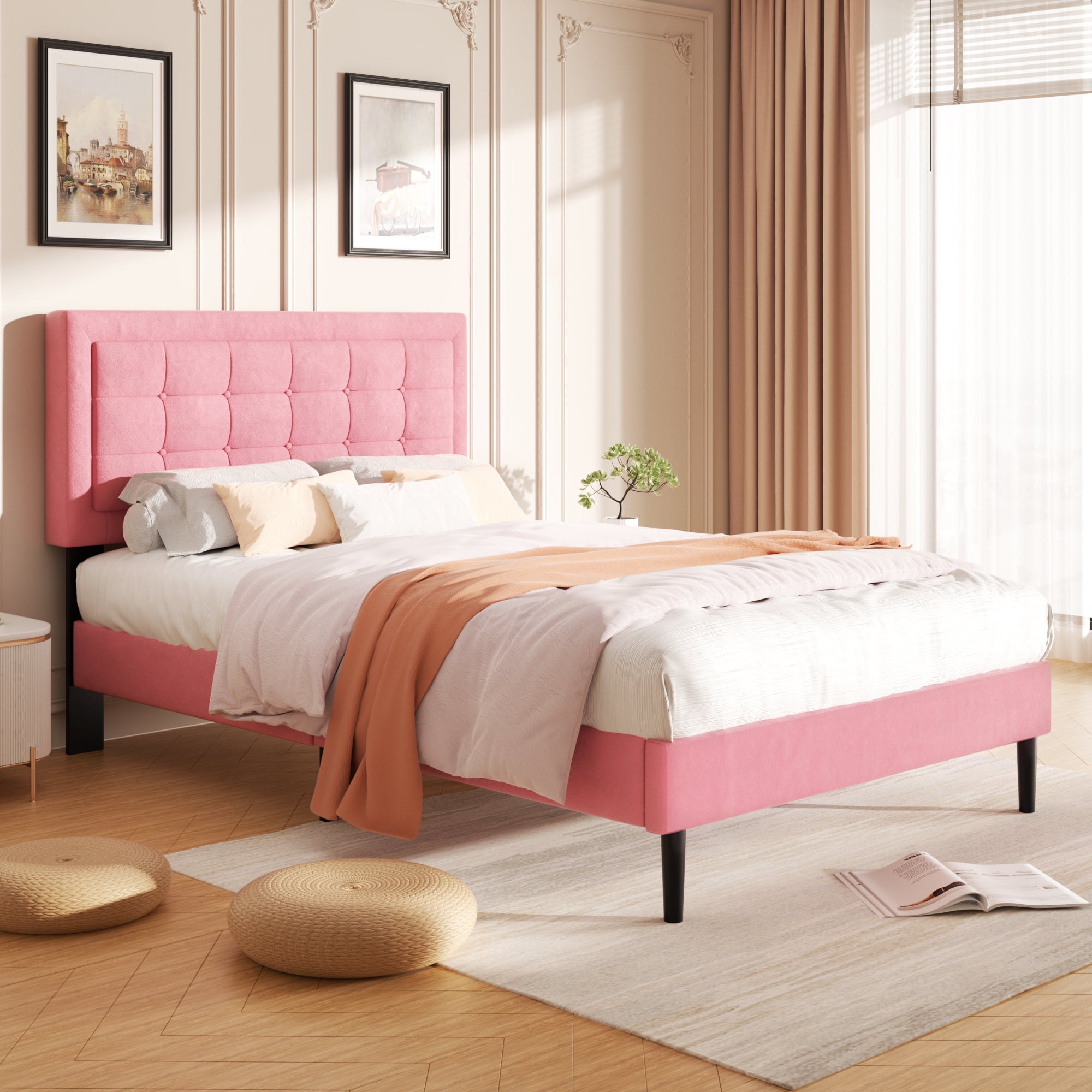 VIPLOV Full Size Bed Frame with Button Headboard, Platform Upholstered in Linen Fabric,Mattress ...