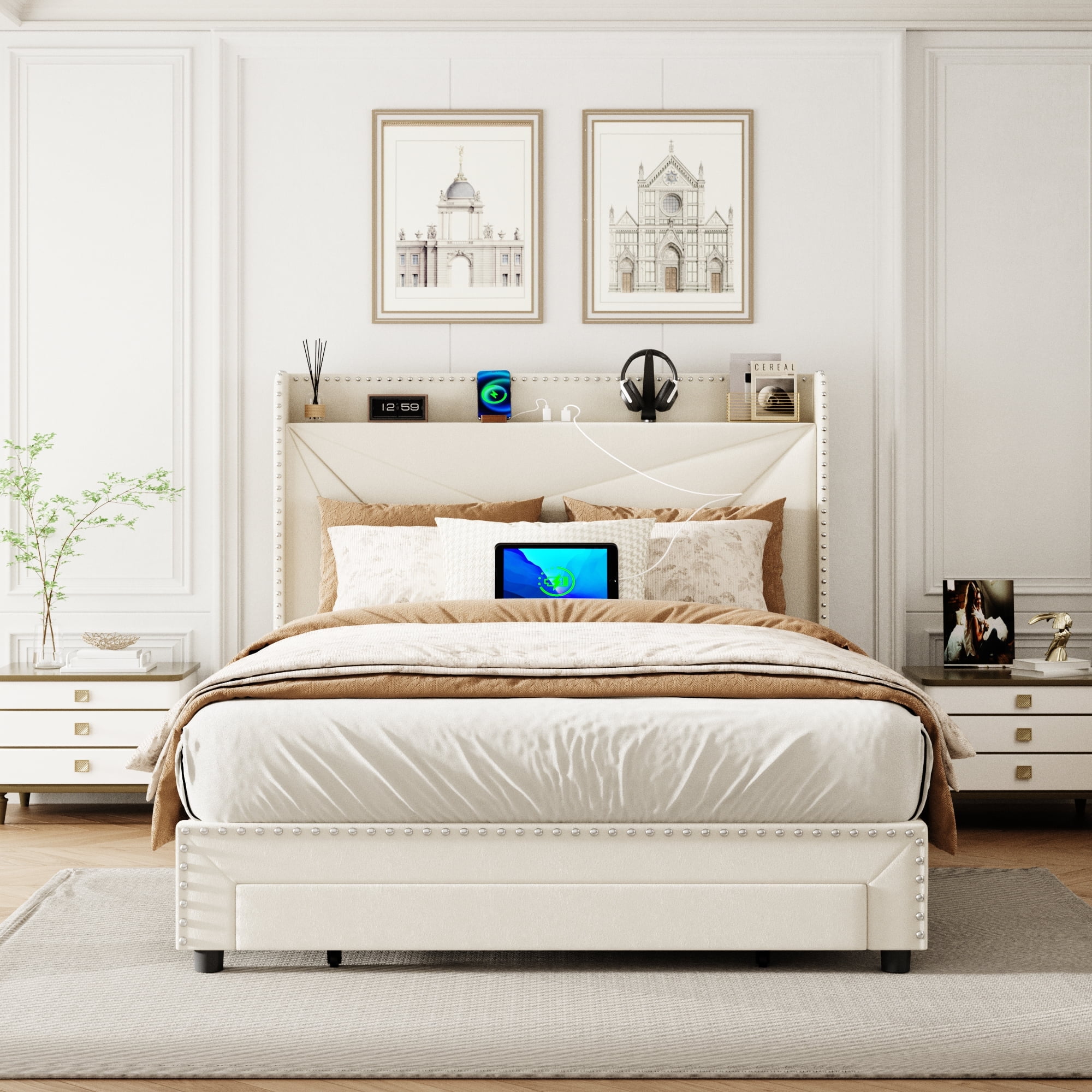VIPLOV Full Size Bed Frame with Charging Station and Storage Drawers ...