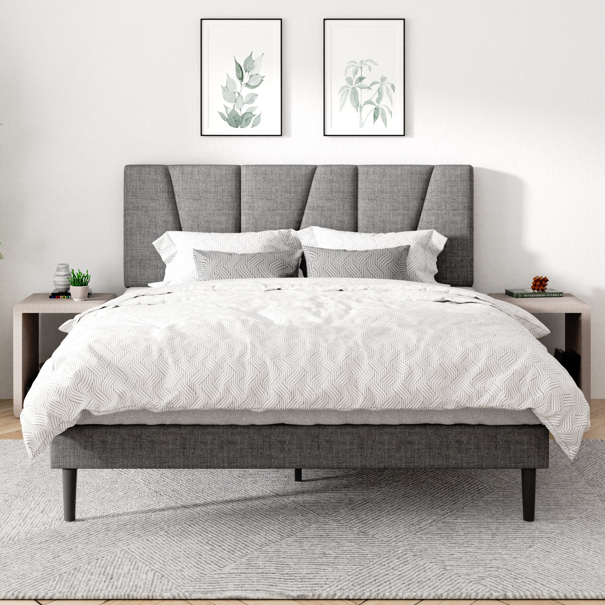 VIPLOV Full Size Bed Frame with Padded Headboard, With Wooden Slats For Support, No Box Spring ...