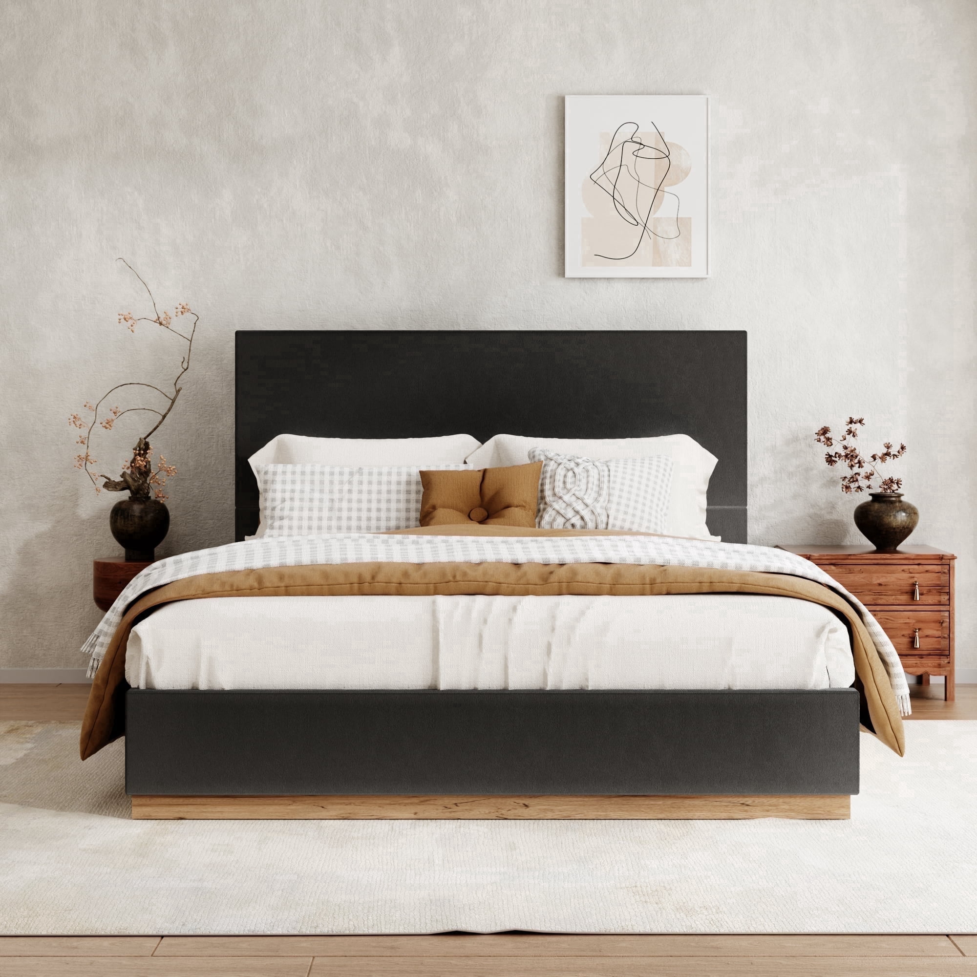 VIPLOV KIng Size Bed Frame with Headboard, Upholstered Bed Frames,with ...
