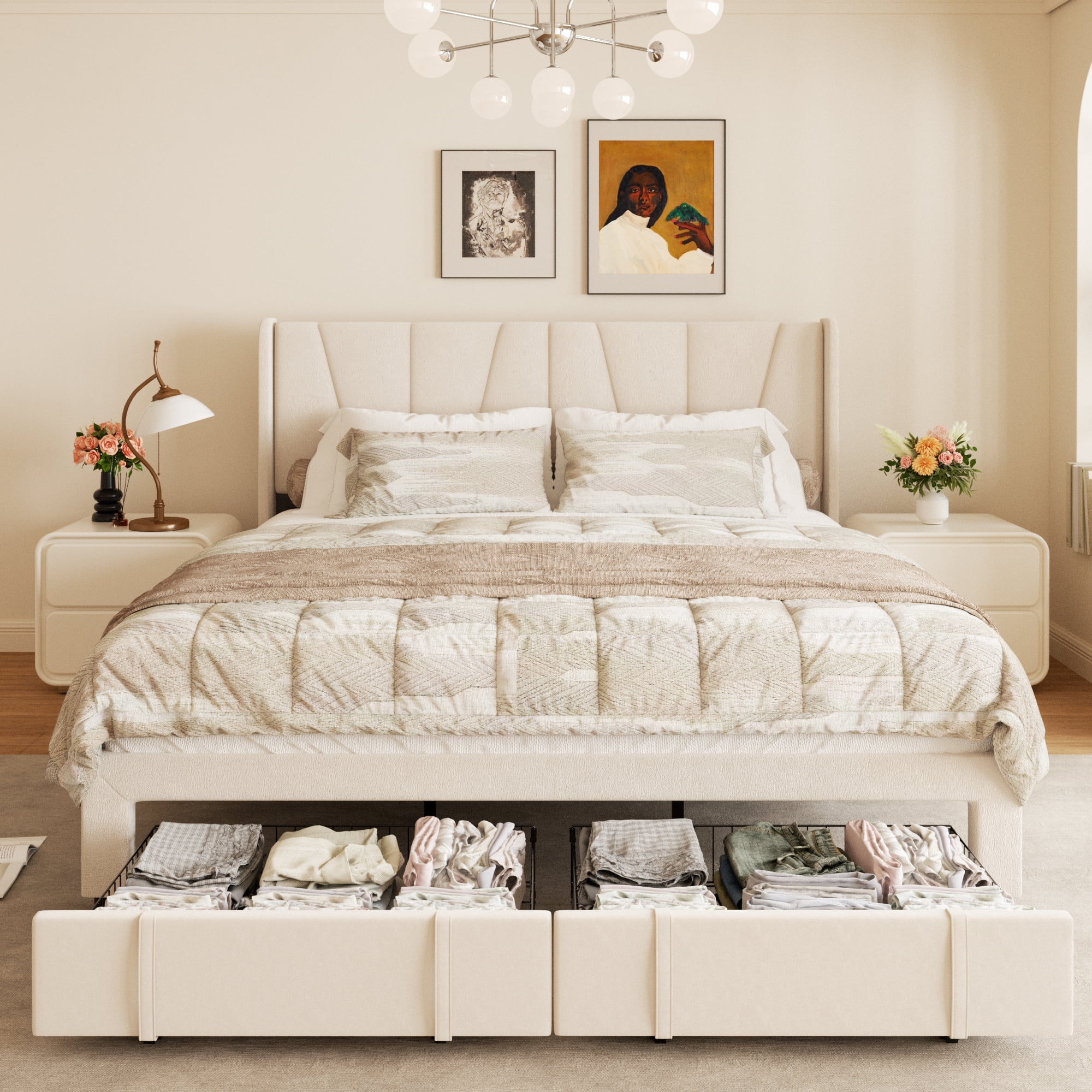 VIPLOV King Bed Frame with Storage Drawers, Upholstered Platform Bed with Headboard and ...