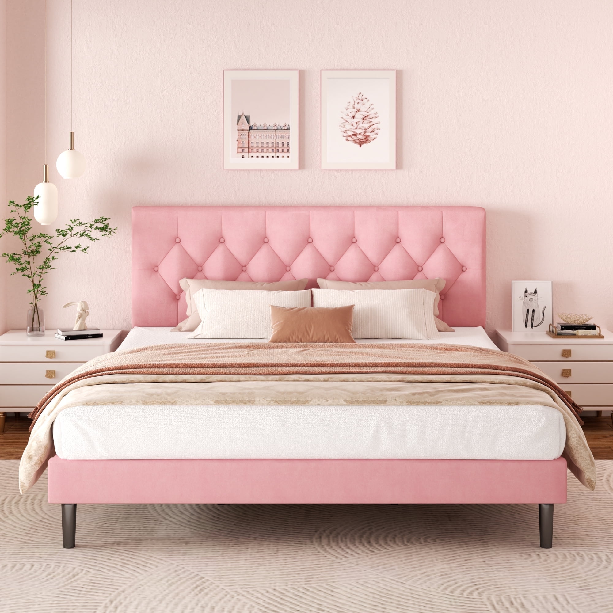 VIPLOV King Size Bed Frame , Modern Fabric Upholstered Platform Bed ...