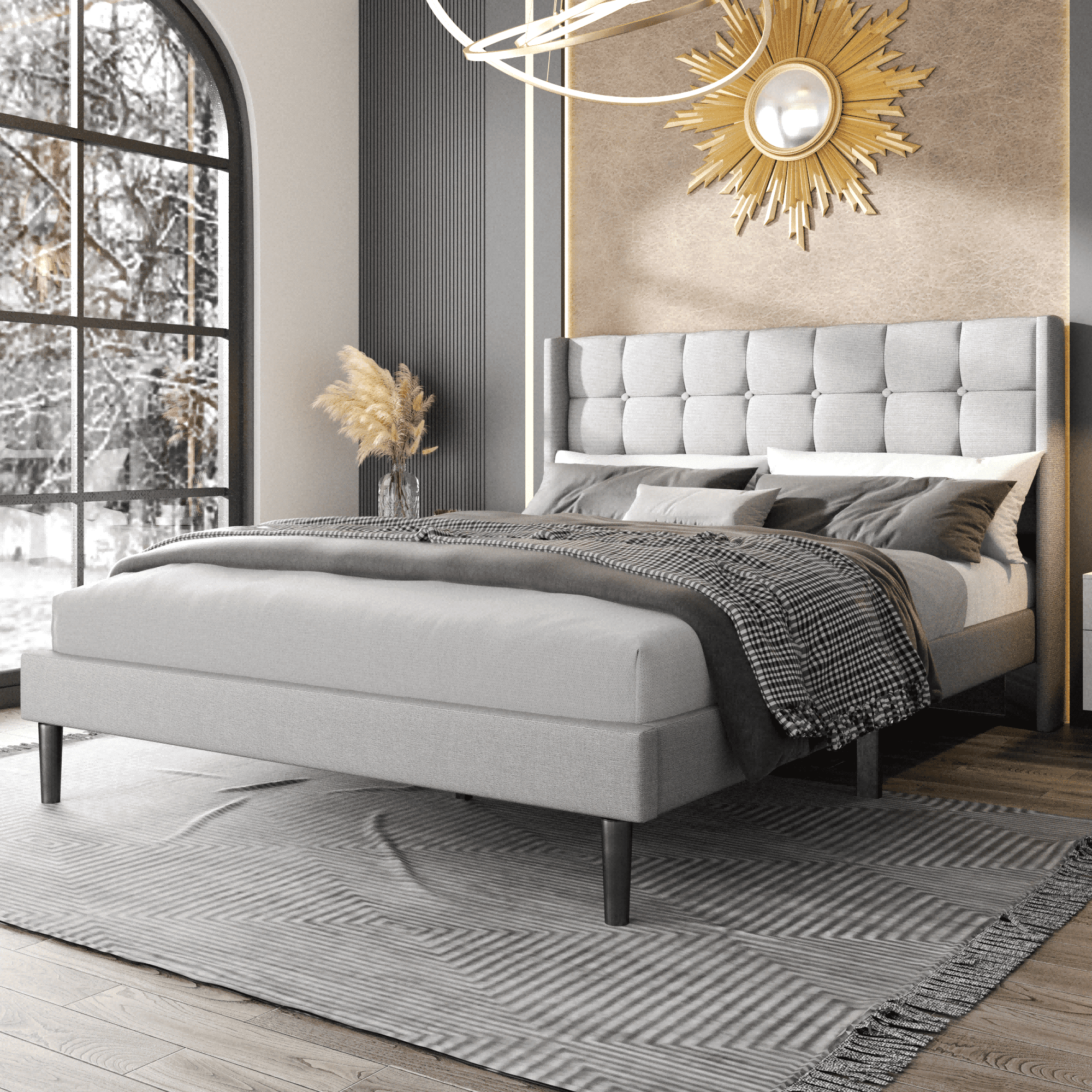 VIPLOV Queen Bed Frame with Box-Tufted Headboard and Upholstered Wingback, Modern Platform Bed ...