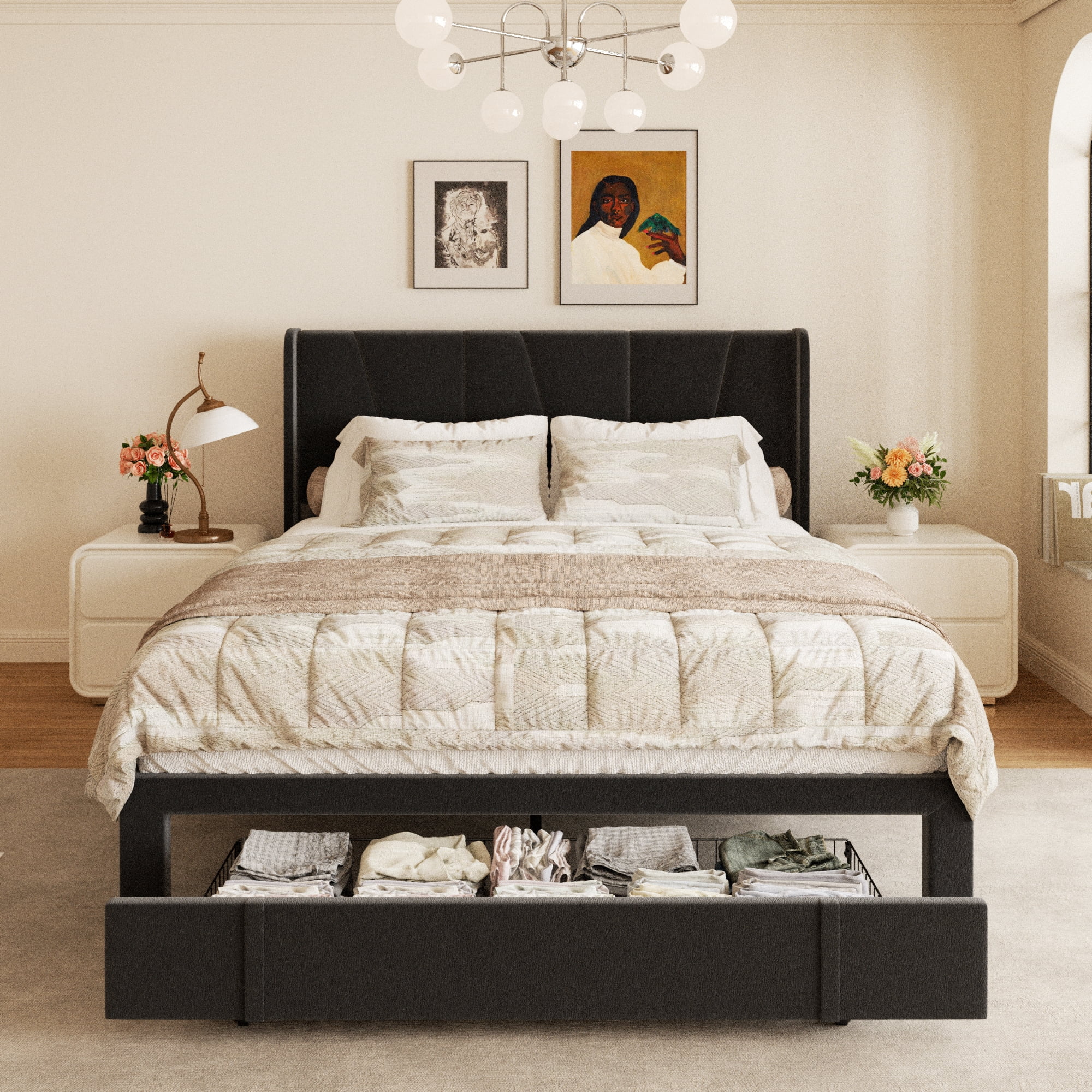 VIPLOV Queen Bed Frame with Storage Drawers, Upholstered Platform Bed with Headboard and ...