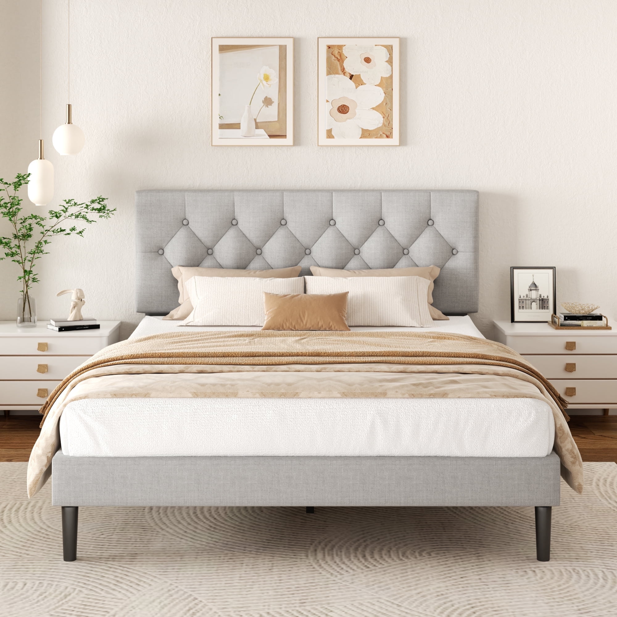 VIPLOV Queen Size Bed Frame , Modern Fabric Upholstered Platform Bed Frame with Strong Wood Slat ...