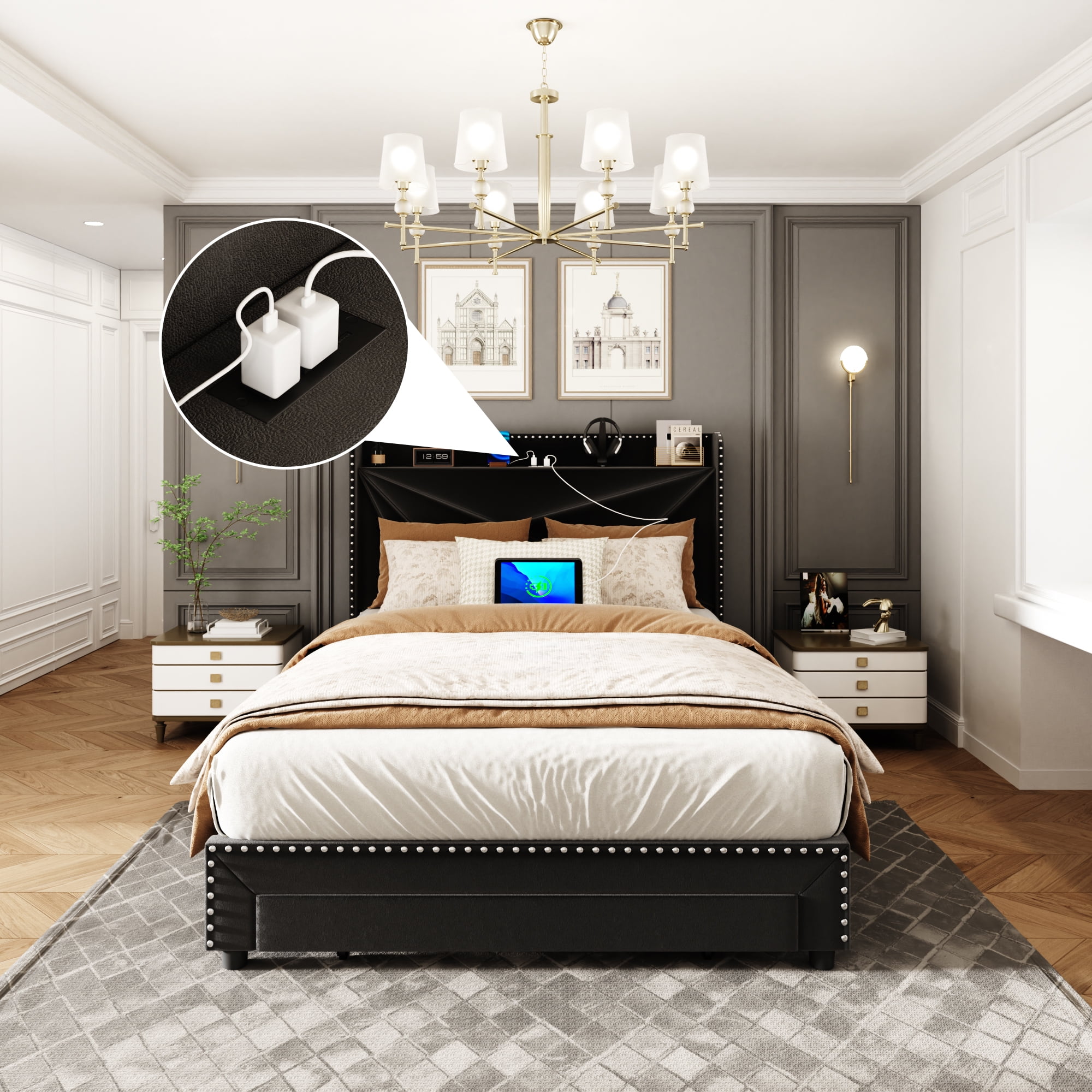 VIPLOV Queen Size Bed Frame with Charging Station and Storage Drawers, Platform bed frames ...