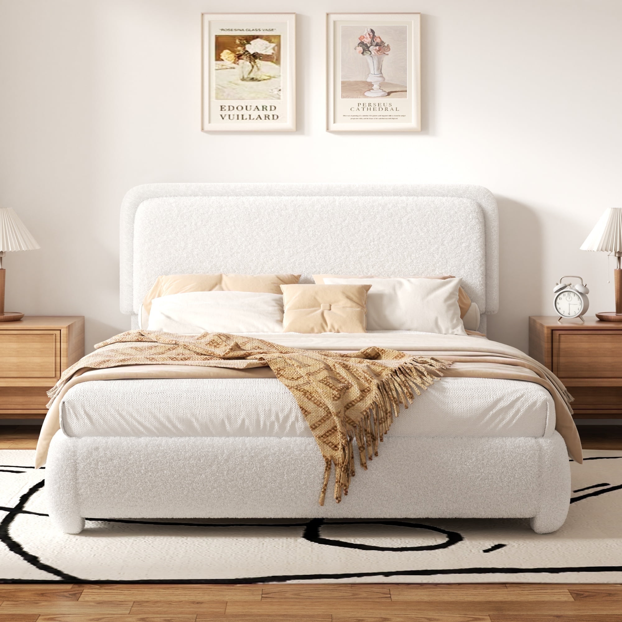 VIPLOV Queen Size Boucle Bed Frame, Cloud Upholstered Platform Bed with ...