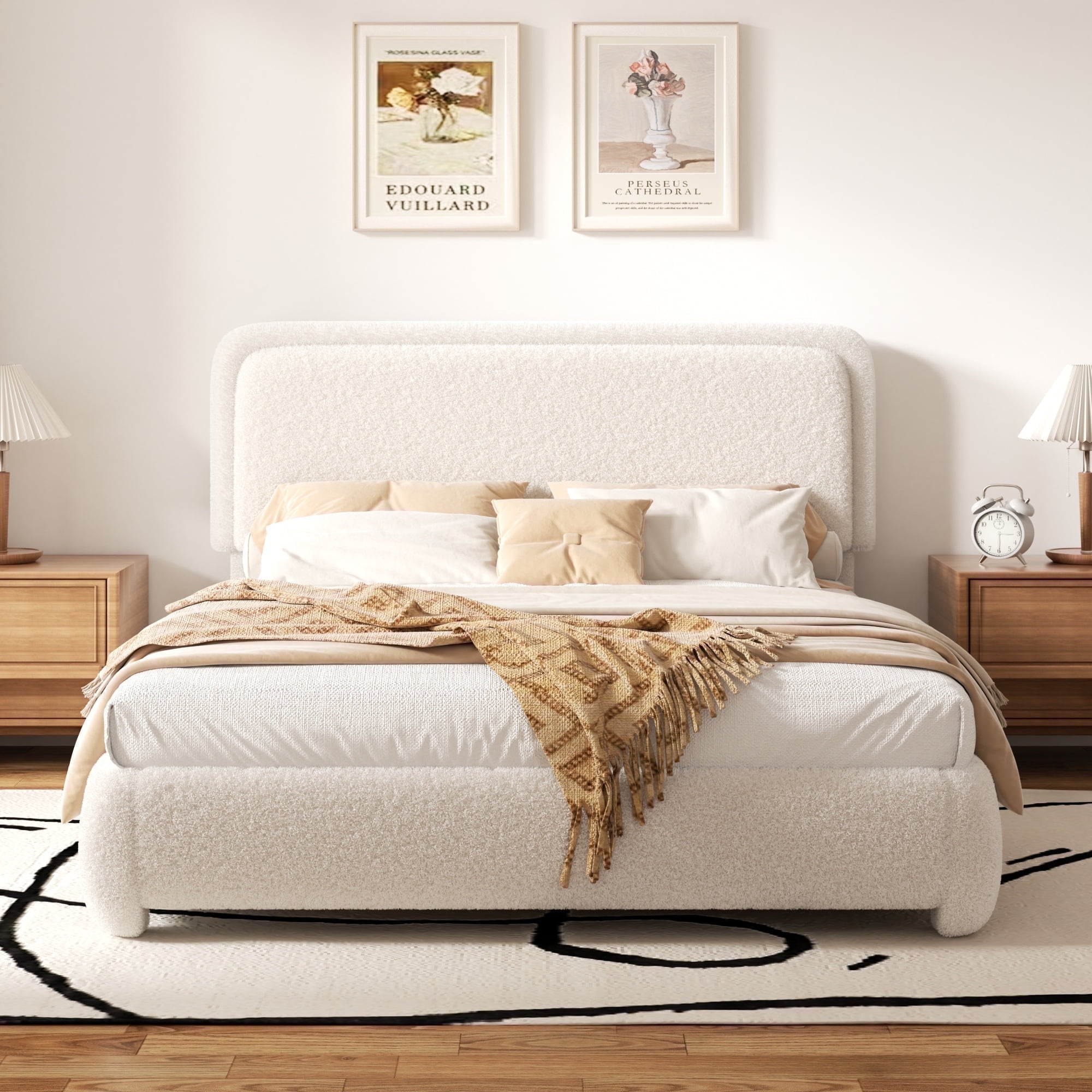 VIPLOV Queen Size Boucle Bed Frame, Cloud Upholstered Platform Bed with ...