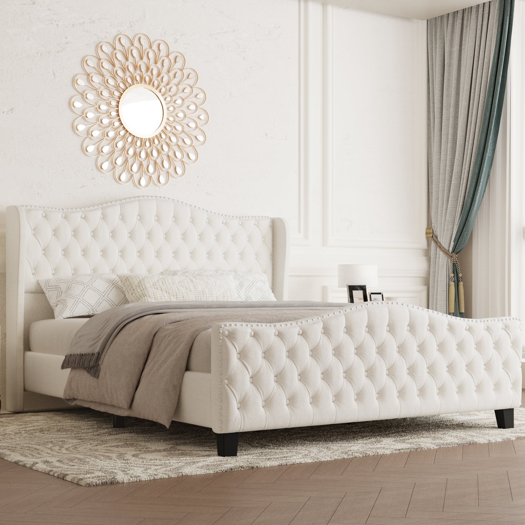 VIPLOV Queen Size Platform Bed Frame with 51-inch Tall Camelback Headboard & Wingback, Deep ...