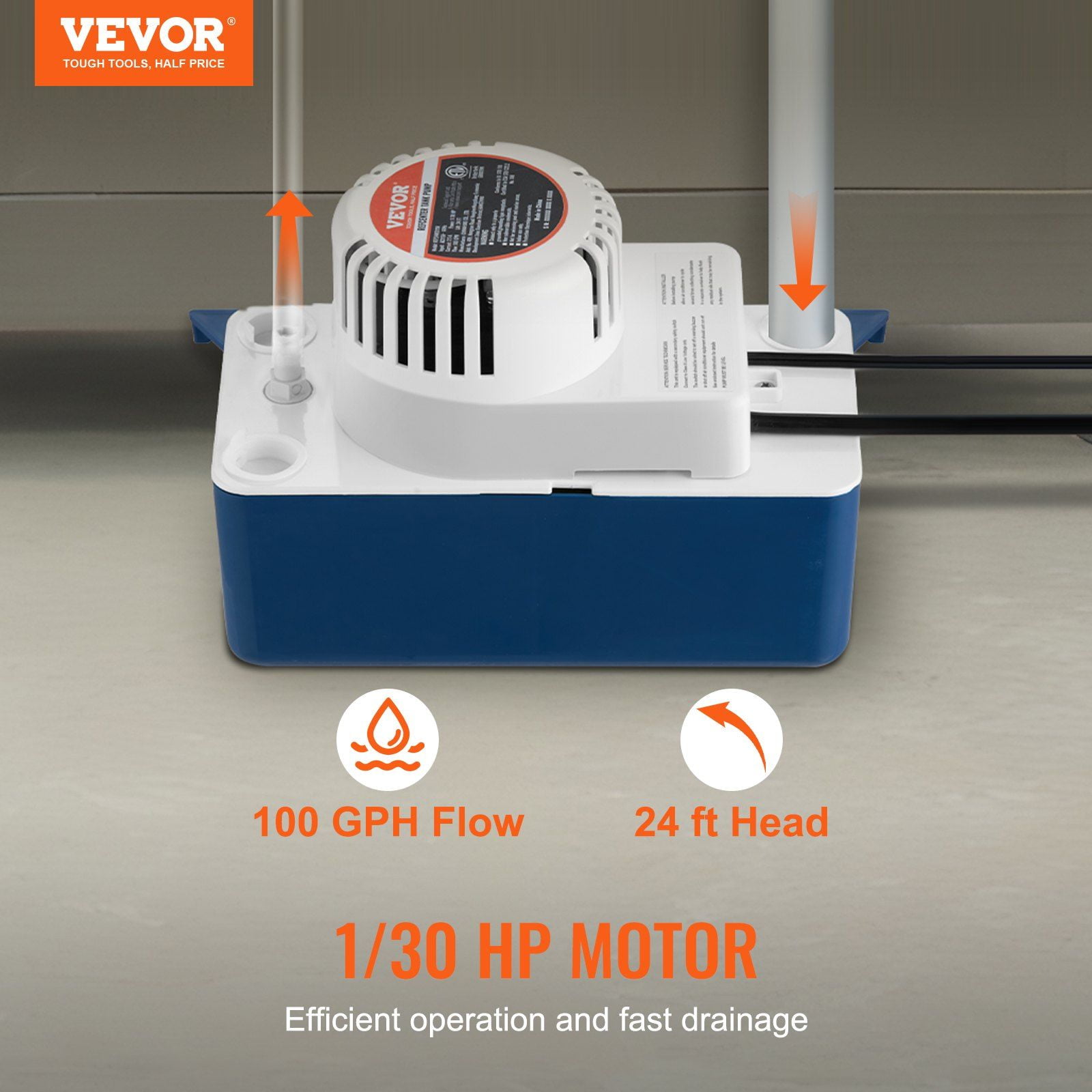 VIPMOON 1/30 HP, Condensate Removal Pump, 100 GPH, 24 ft Lift, 115V ...