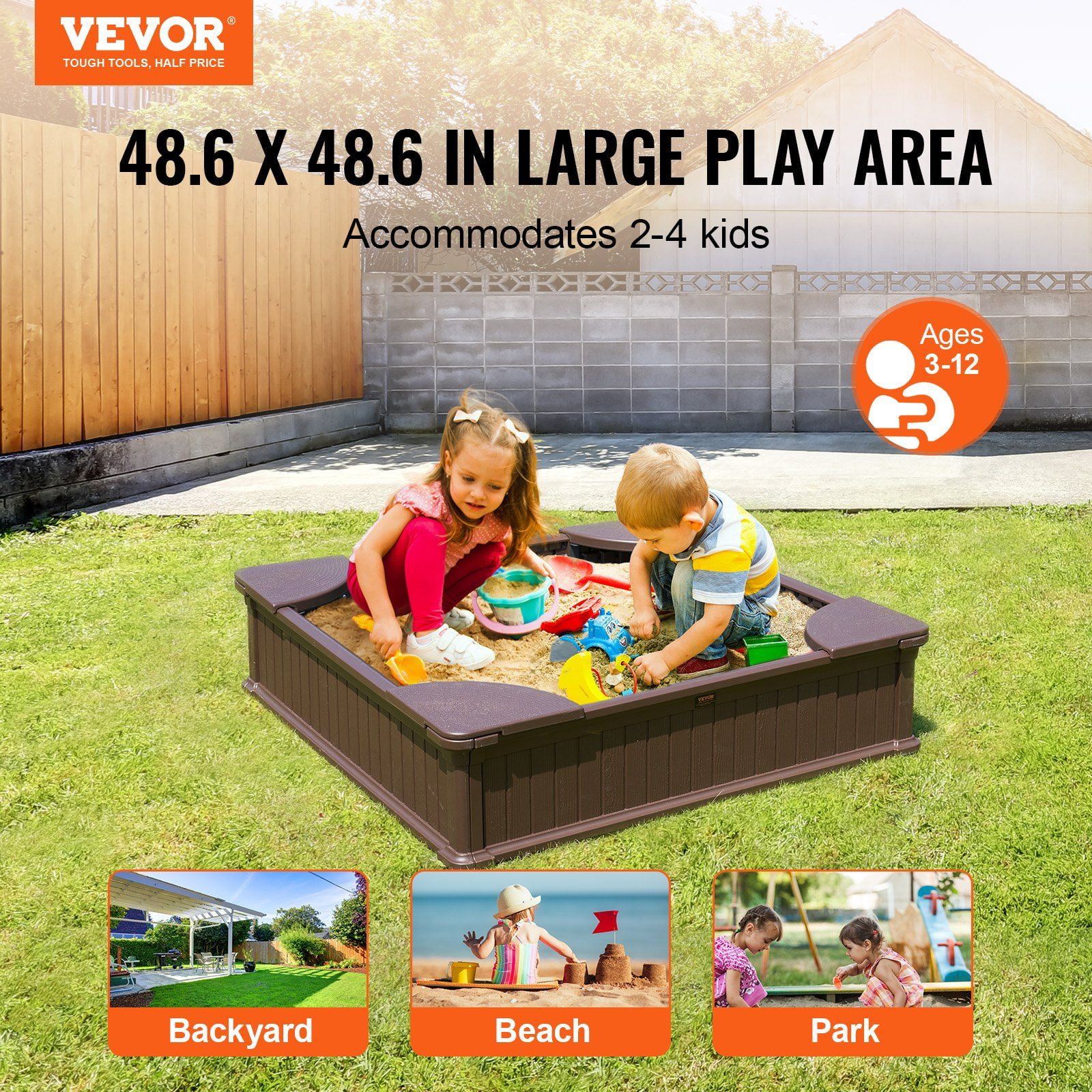 VIPMOON 48.6x48.6x12.4 in Square Sand Box, Sandbox with Cover, HDPE ...