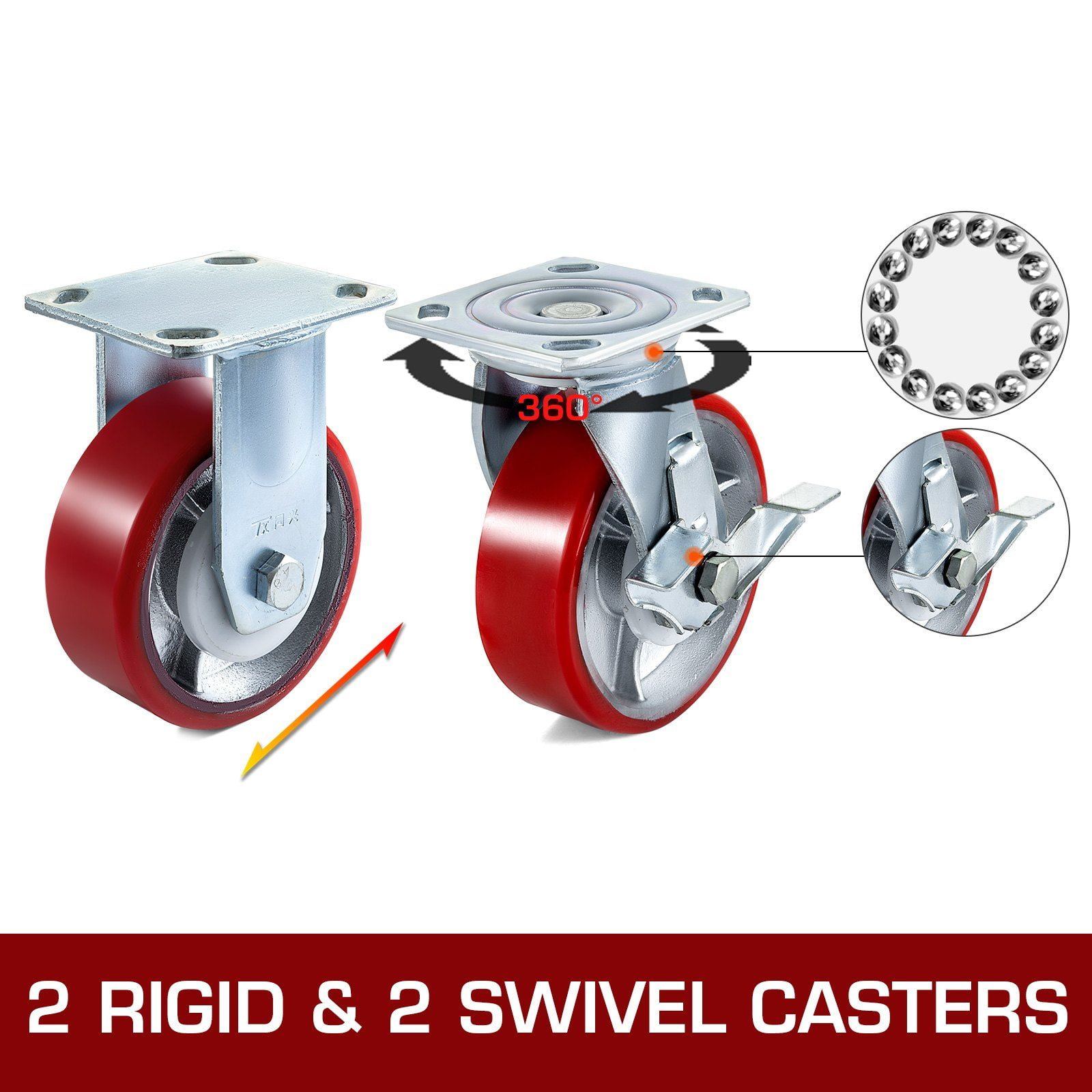 VIPMOON 6 x 2 Inch Caster Wheels 2 Rigid and 2 Swivel Casters with Side ...