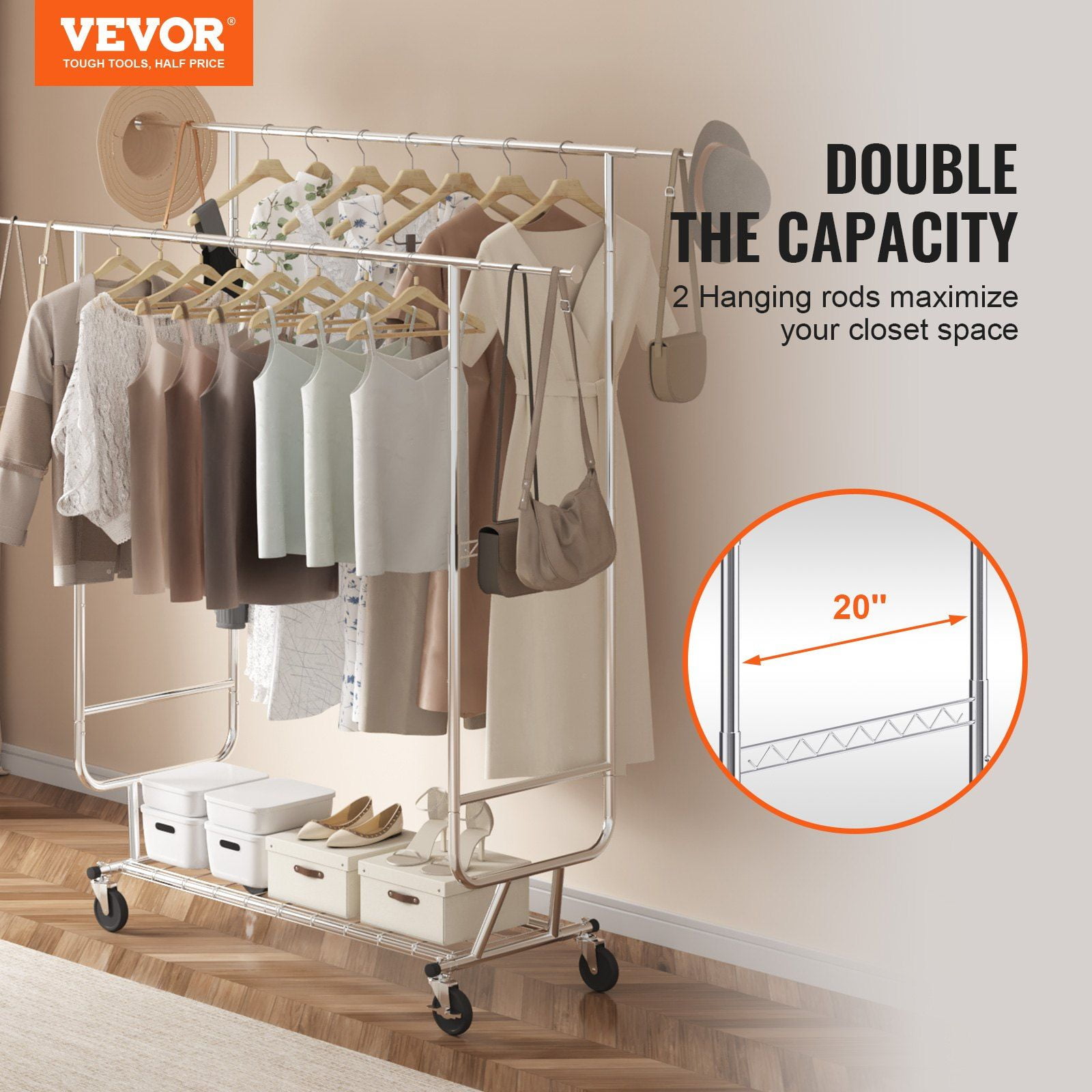 VIPMOON Clothes Rack, Heavy Duty Double Hanging Rod Clothing Garment ...