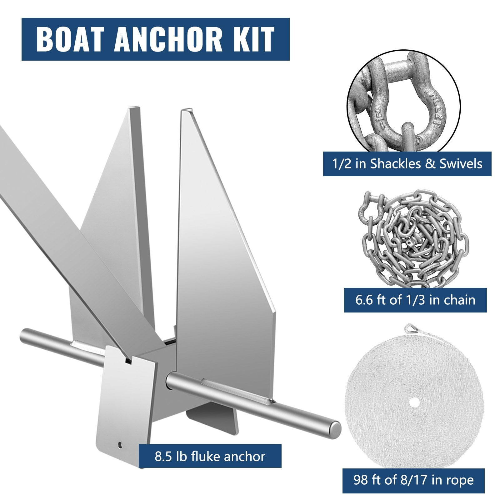 VIPMOON Hot Dipped Galvanized Steel Fluke Anchor, Boat Anchor Kit 8.5 ...