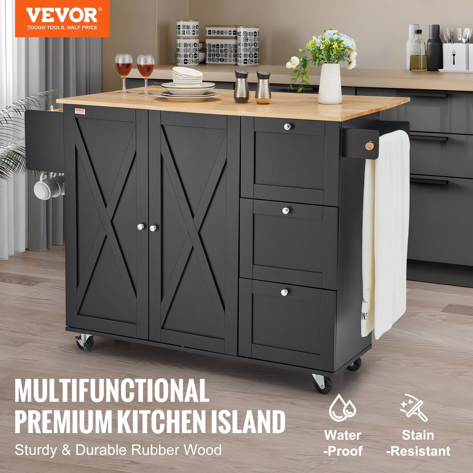 VIPMOON Kitchen Island Cart Rolling Storage Cabinet on Wheel with ...