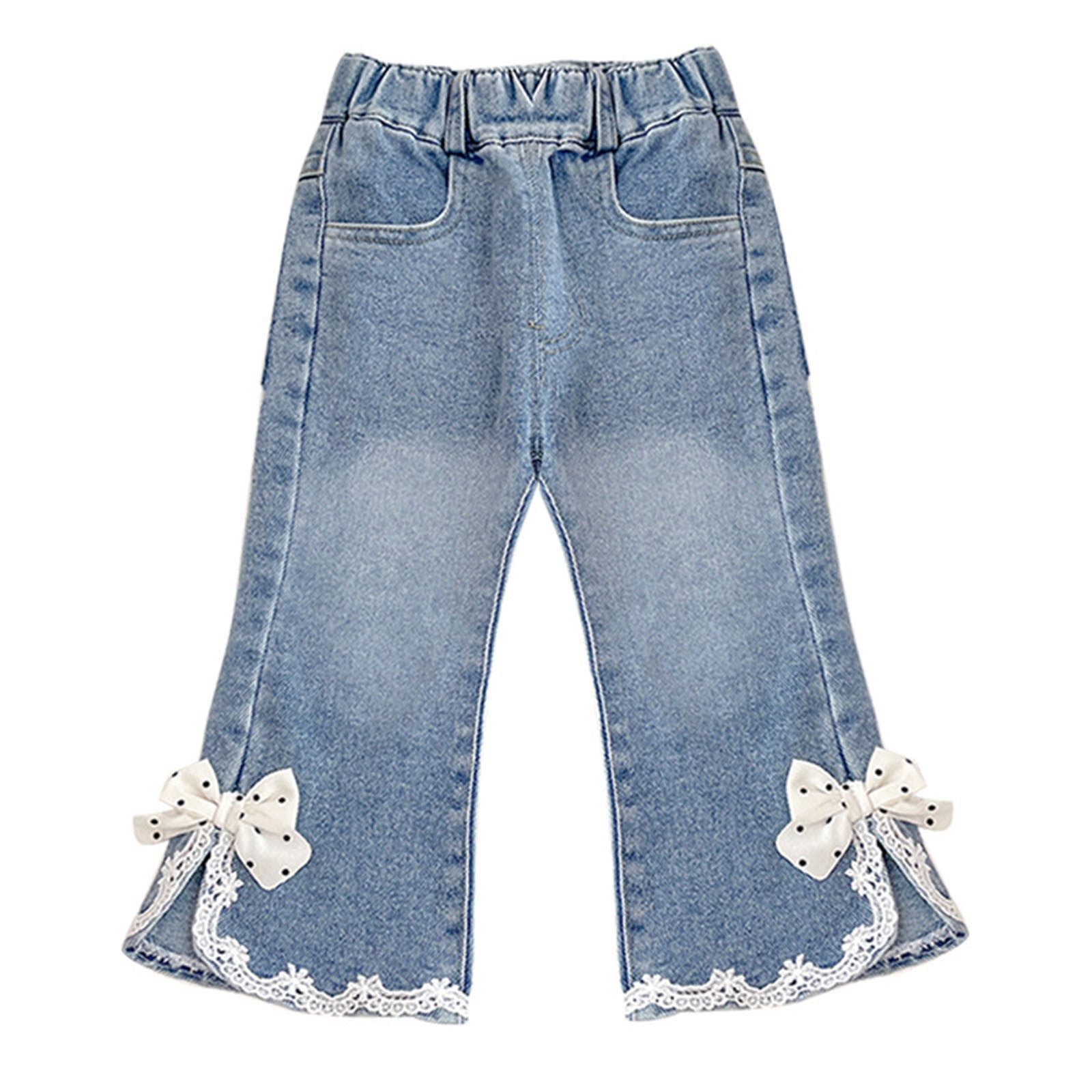 VIPOIN Girls Cute Flare Denim Pants Lace Trimmed Polka Dot Bow Elastic ...
