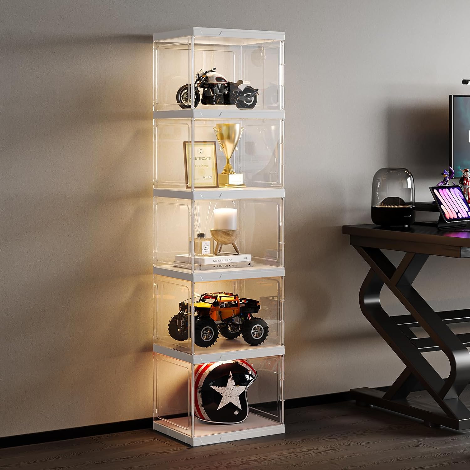 VIPZONE Display Cabinet,Plastic Storage Cabinet with Adjustable LED Lights - Elegant White ...