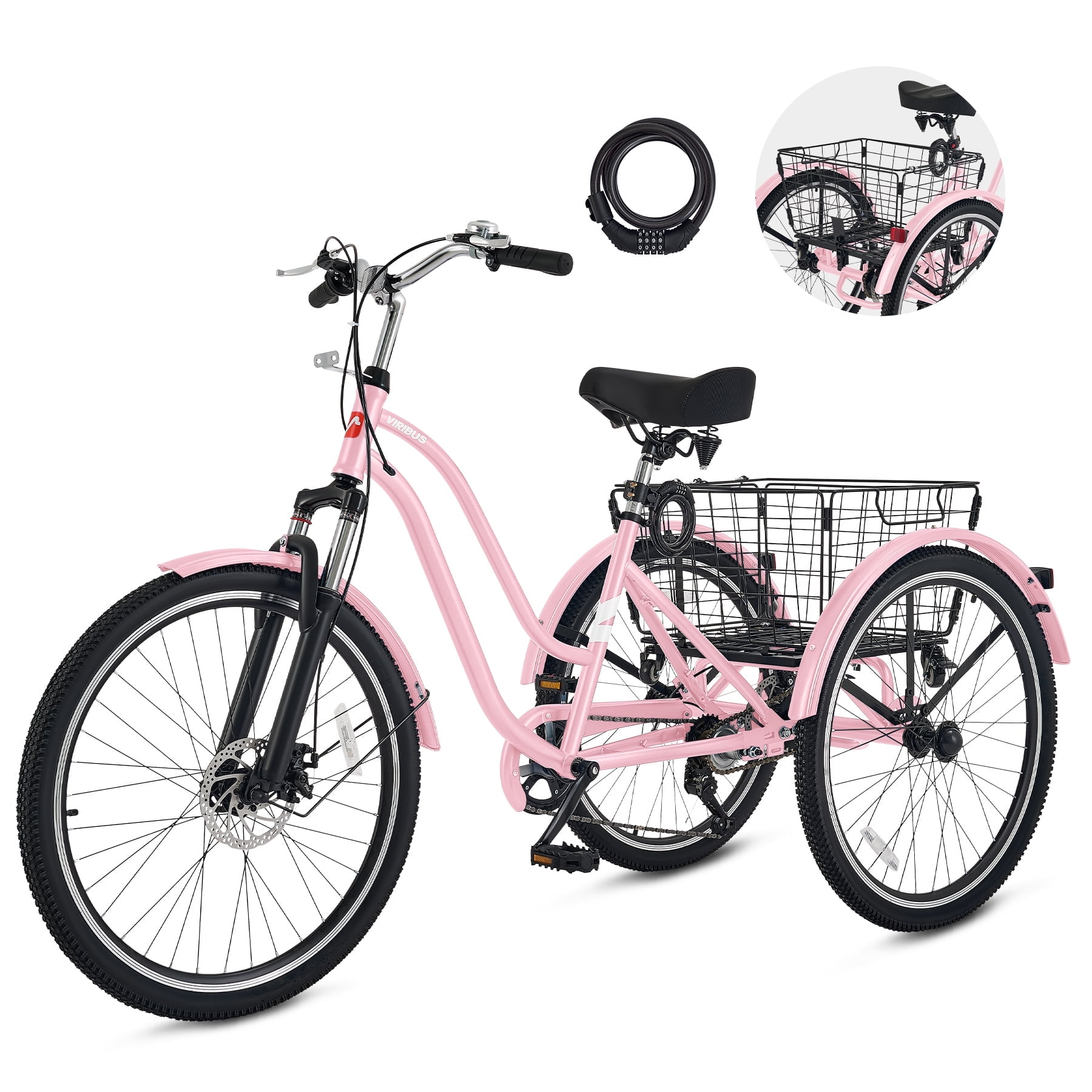 Viribus 26 Inch Adult Tricycle, 7 Speed, Front Suspension, Rear Basket ...