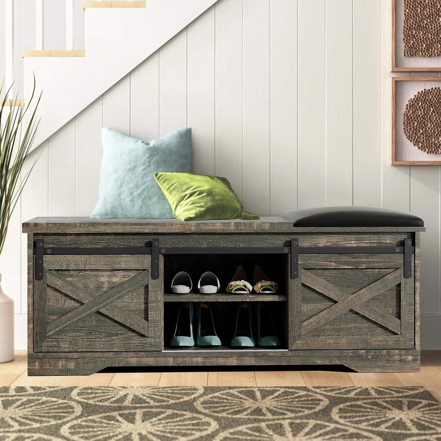 VIRTRON 47 Inch Modern Farmhouse Sliding X Barn Door Litterbox Bench ...