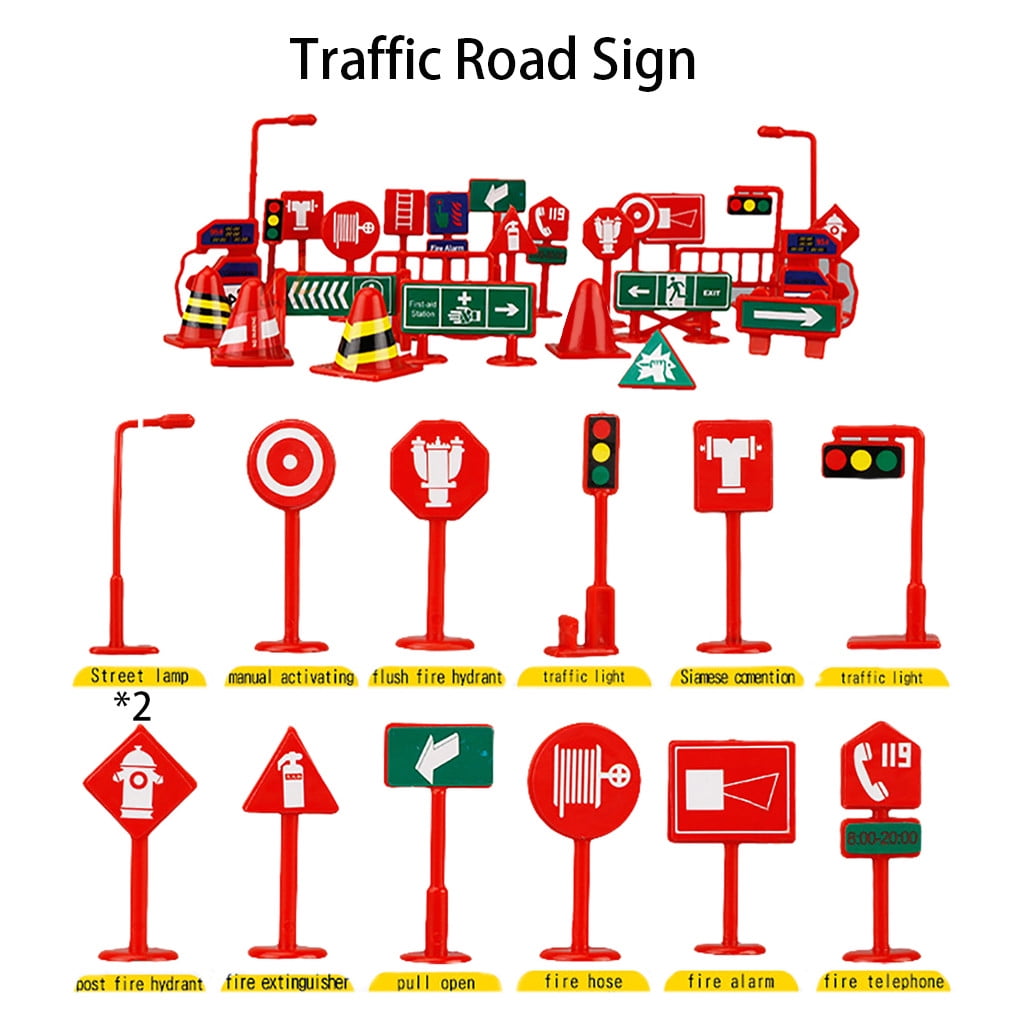 VISALY 28 Pcs Car Toy Accessories Traffic Road Signs Kids Children Play ...