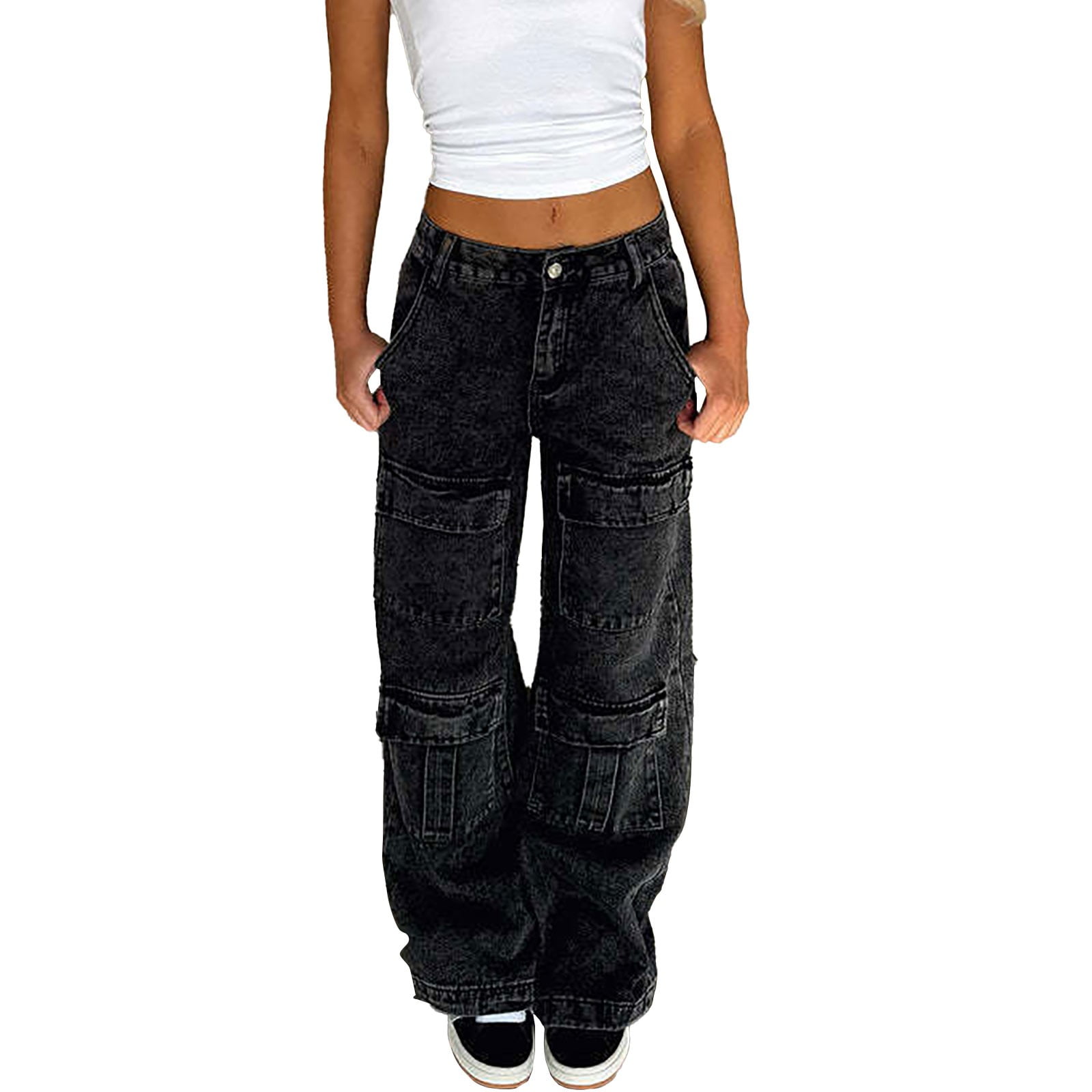 VISALY Barrel Jeans Women, Wide Leg Pants Woman, Retro Pocket Washed ...