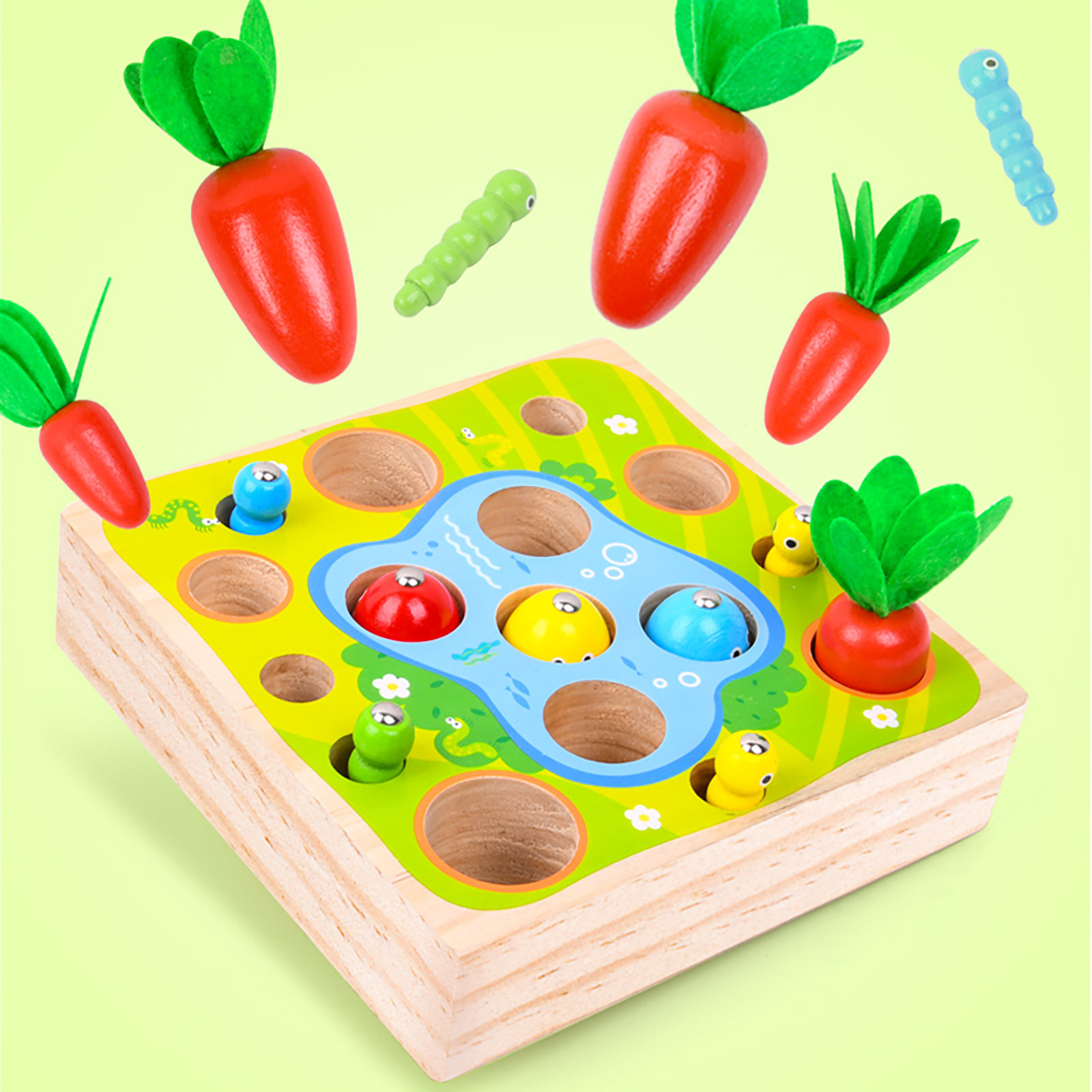 VISALY Farm Wooden Pull Education Worm Game Toys Catch Fishing Radish ...