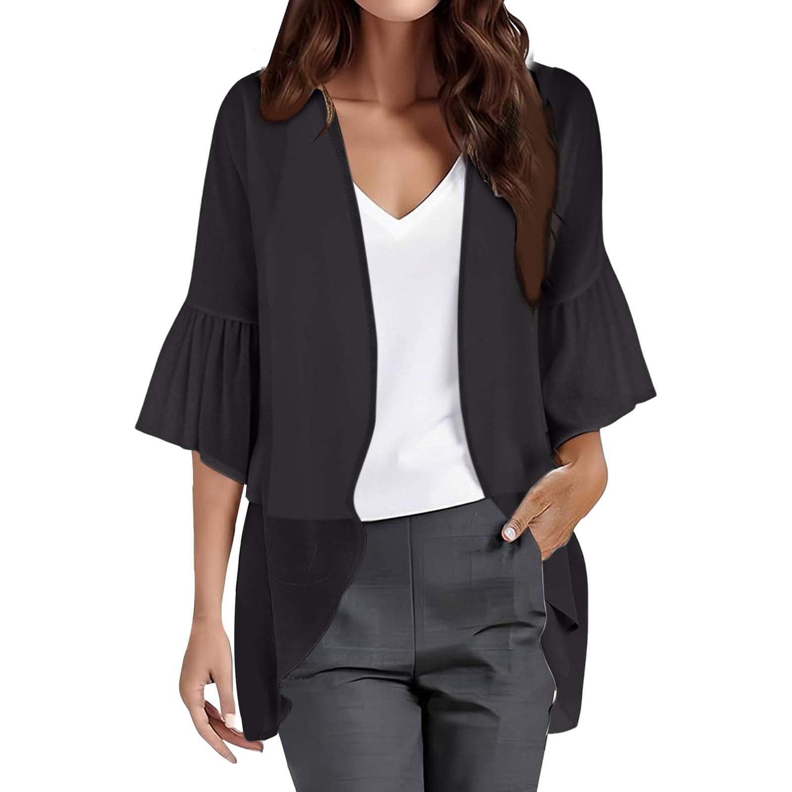 VISALY Long Cardigans Flared Sleeves Women Chiffon Cardigan 3/4 Sleeve ...