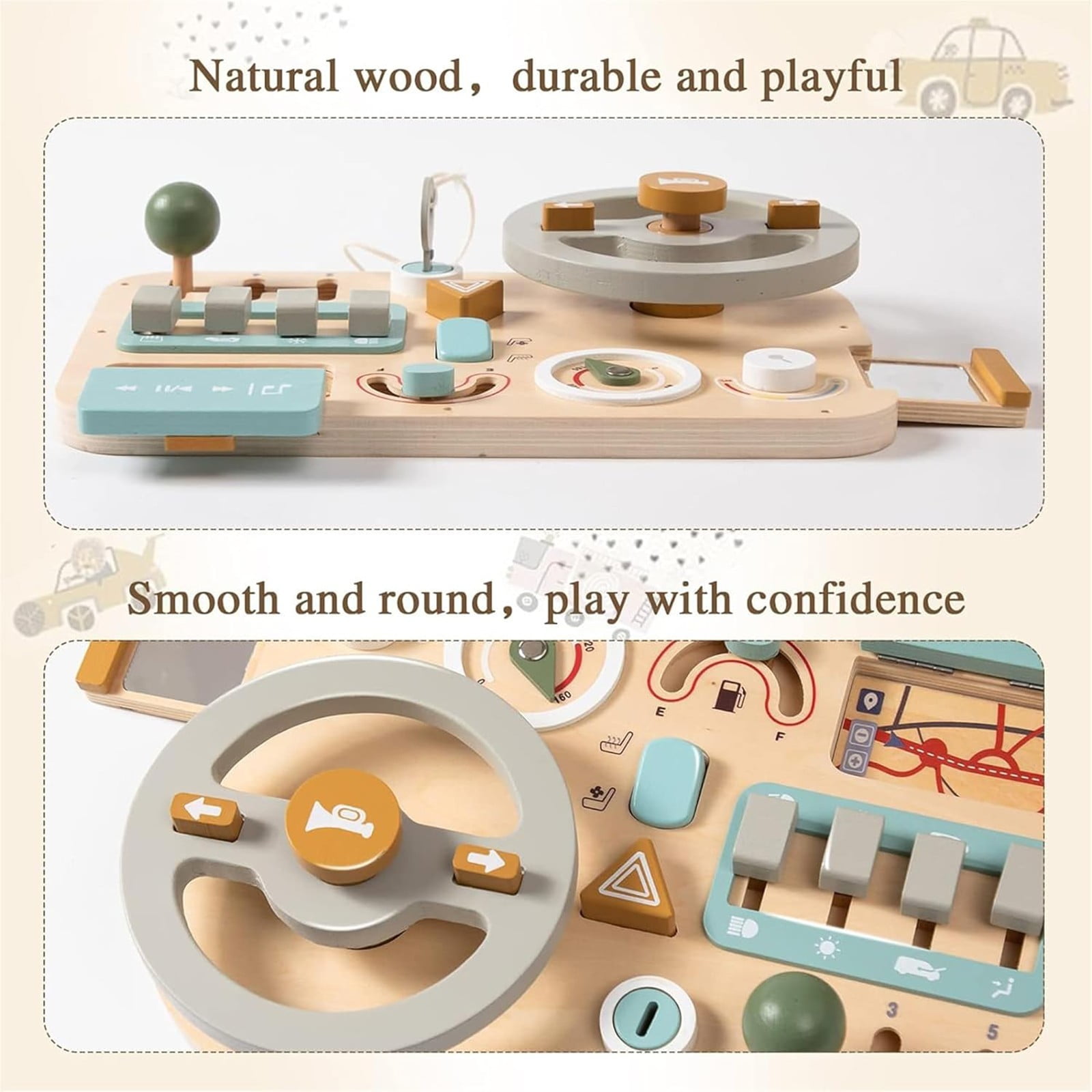 VISALY Steering Wheel Toy Wooden Busy Board Montessori Toys with 12 ...