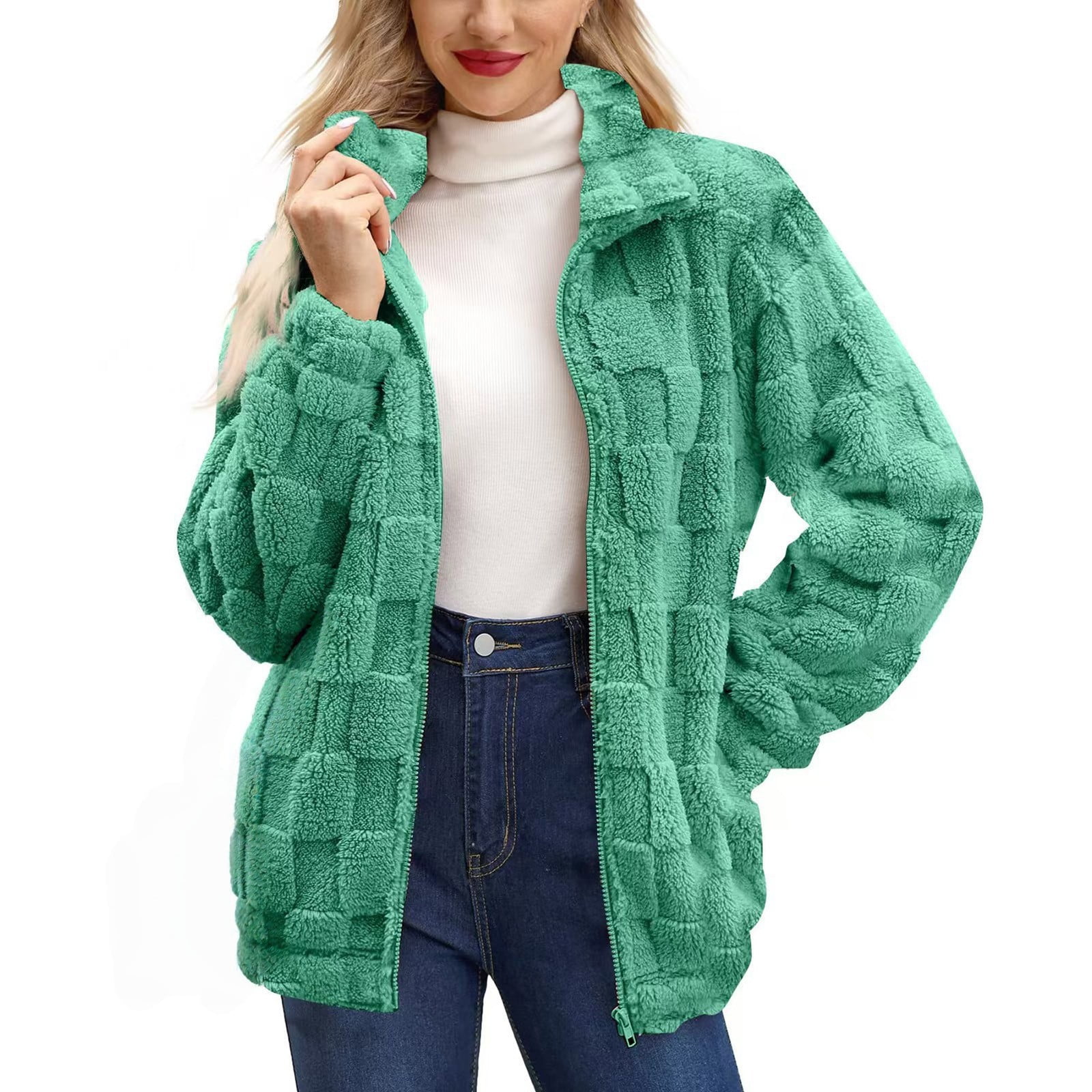 VISALY Women's Long Sleeve Full Zip Soft Warm Fleece Jacket Stand Up ...