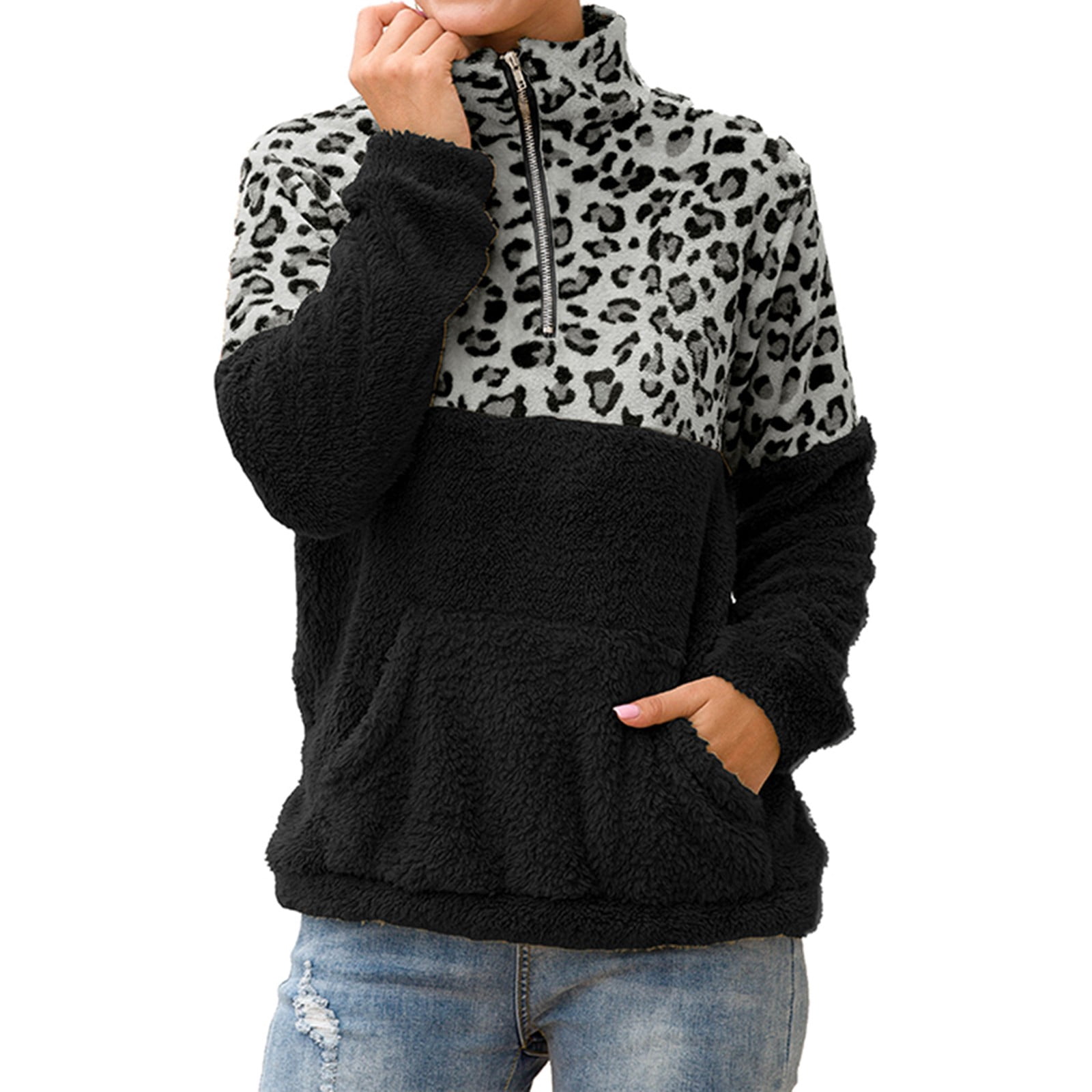 VISALY Womens Zip Up Hoodies Thick Sweaters Leopard Print Sweater Women ...