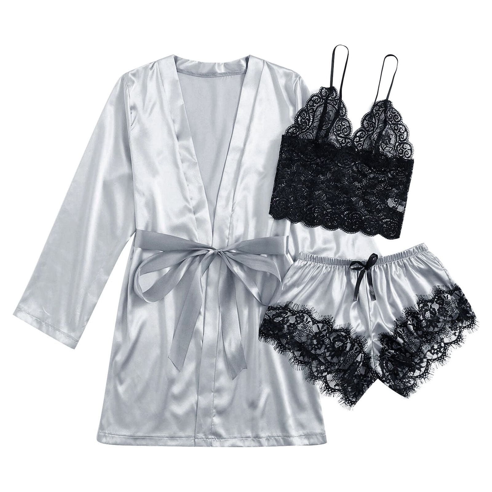 VISALY pajama set with robe Satin Robe for Women, Satin Pajamas 3-Piece ...