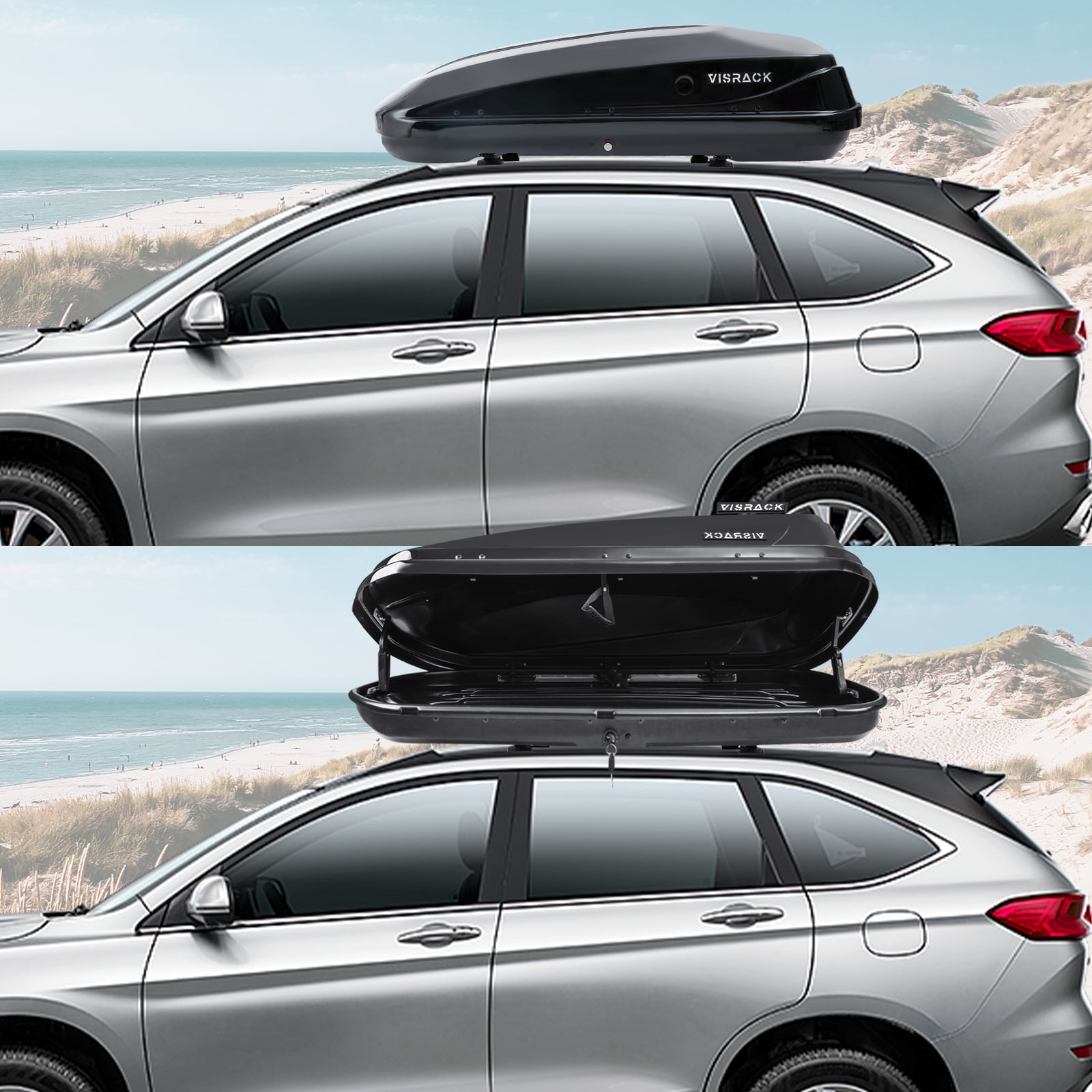 VISRACK Durable Dual Side Opening Hard Shell Rooftop Cargo Box 13 Cubic Feet 130 lbs Capacity ABS PC Construction Tool Free Removable