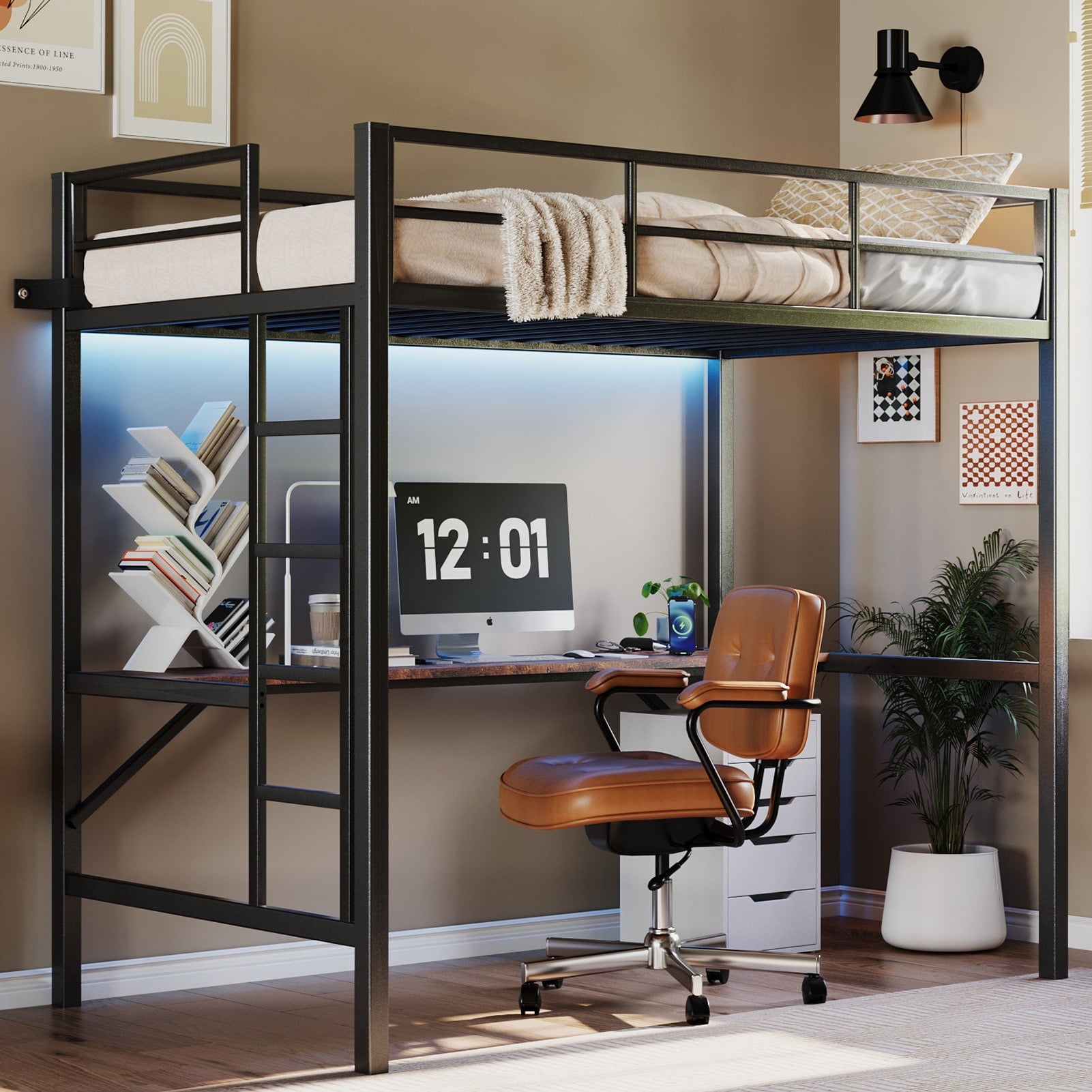 VISWILD Modern Industrial Loft Bed with Desk & Shelves, Metal Frame ...