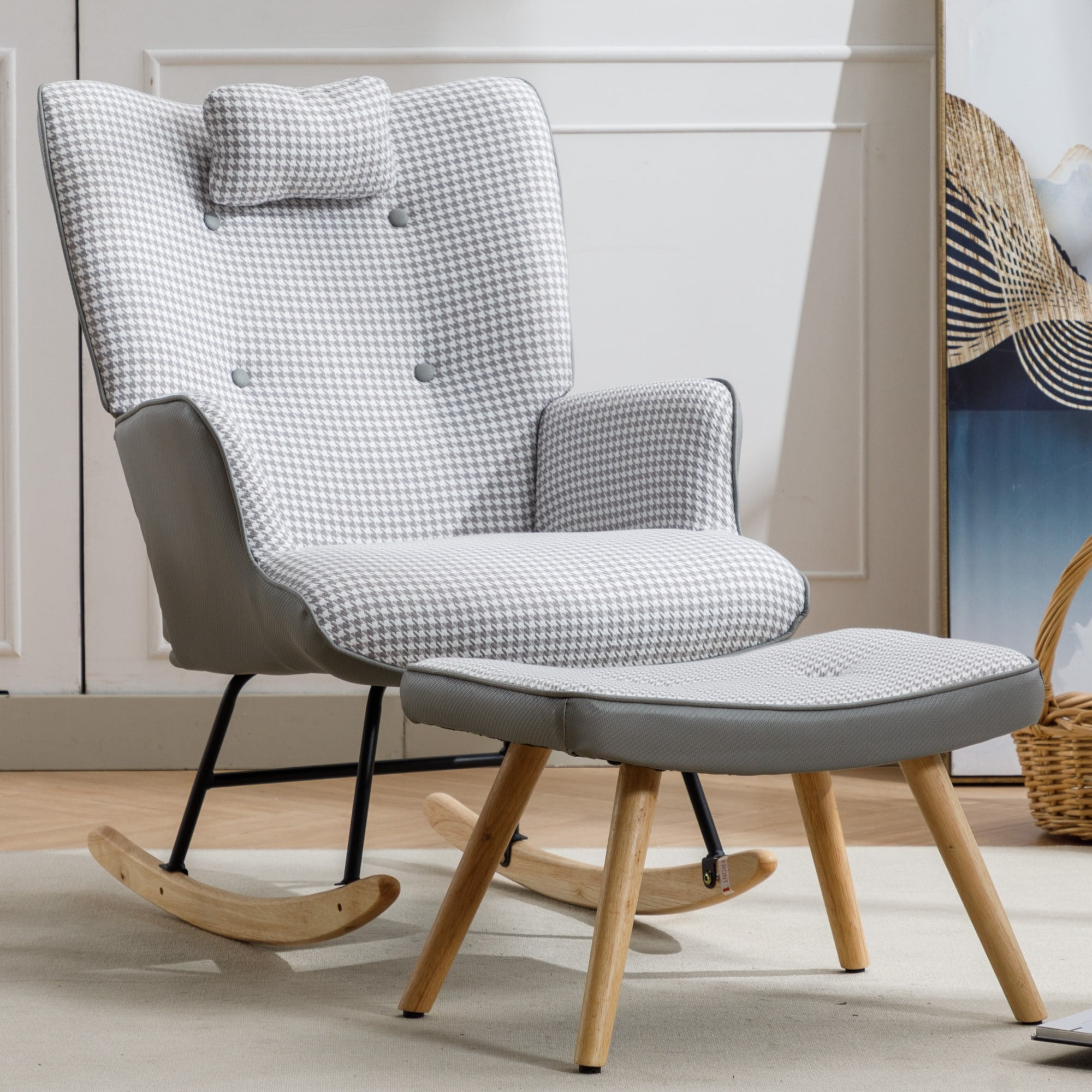 VISWILD Modern Wingback Rocking Chair with Storage Bag, Ergonomic ...