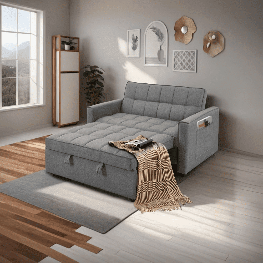 VISWILD Modern Solid Wood Frame Sofa Bed, Multifunctional Adjustable ...