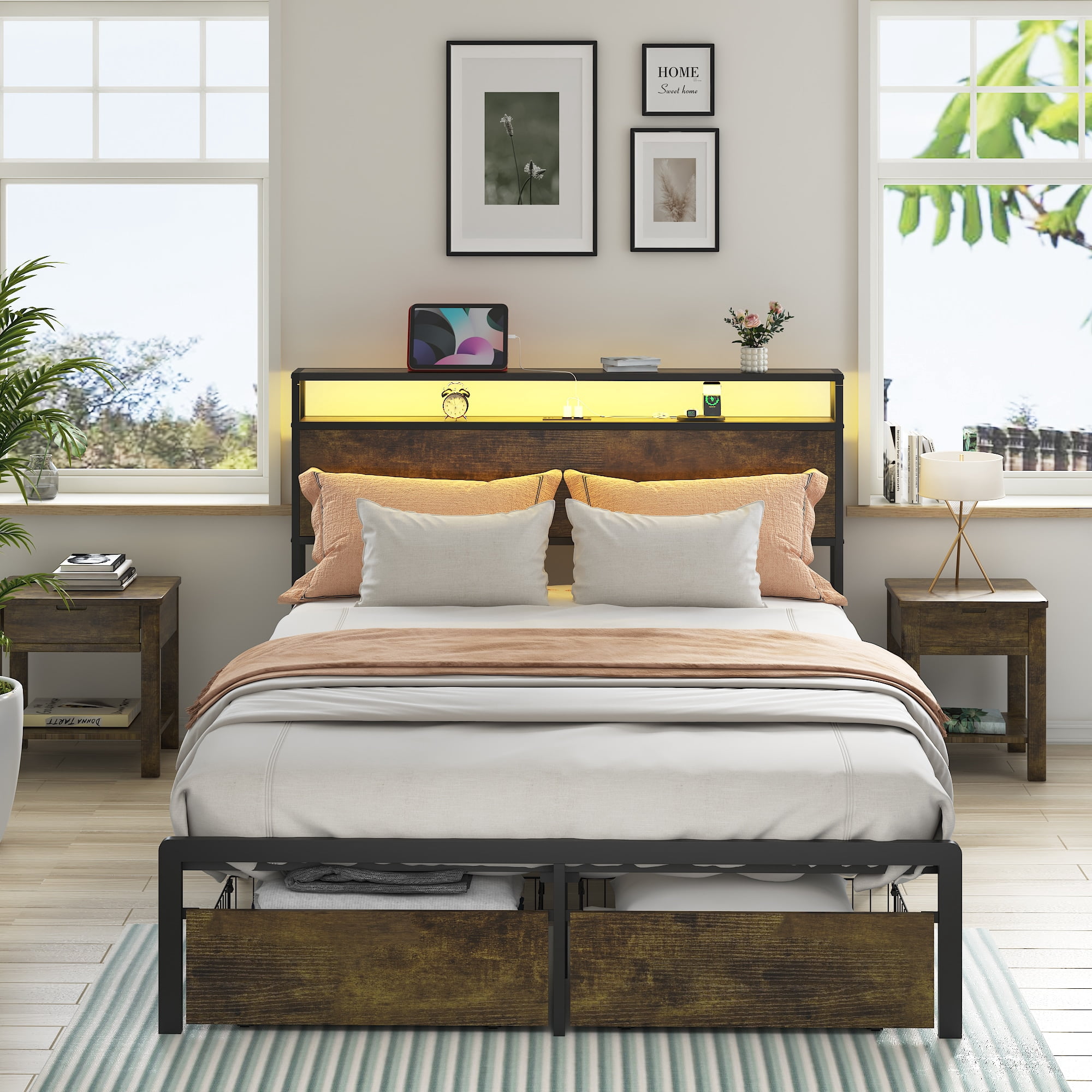 VISWILD Smart LED Full Size Bed Frame with Charging Station, Storage ...