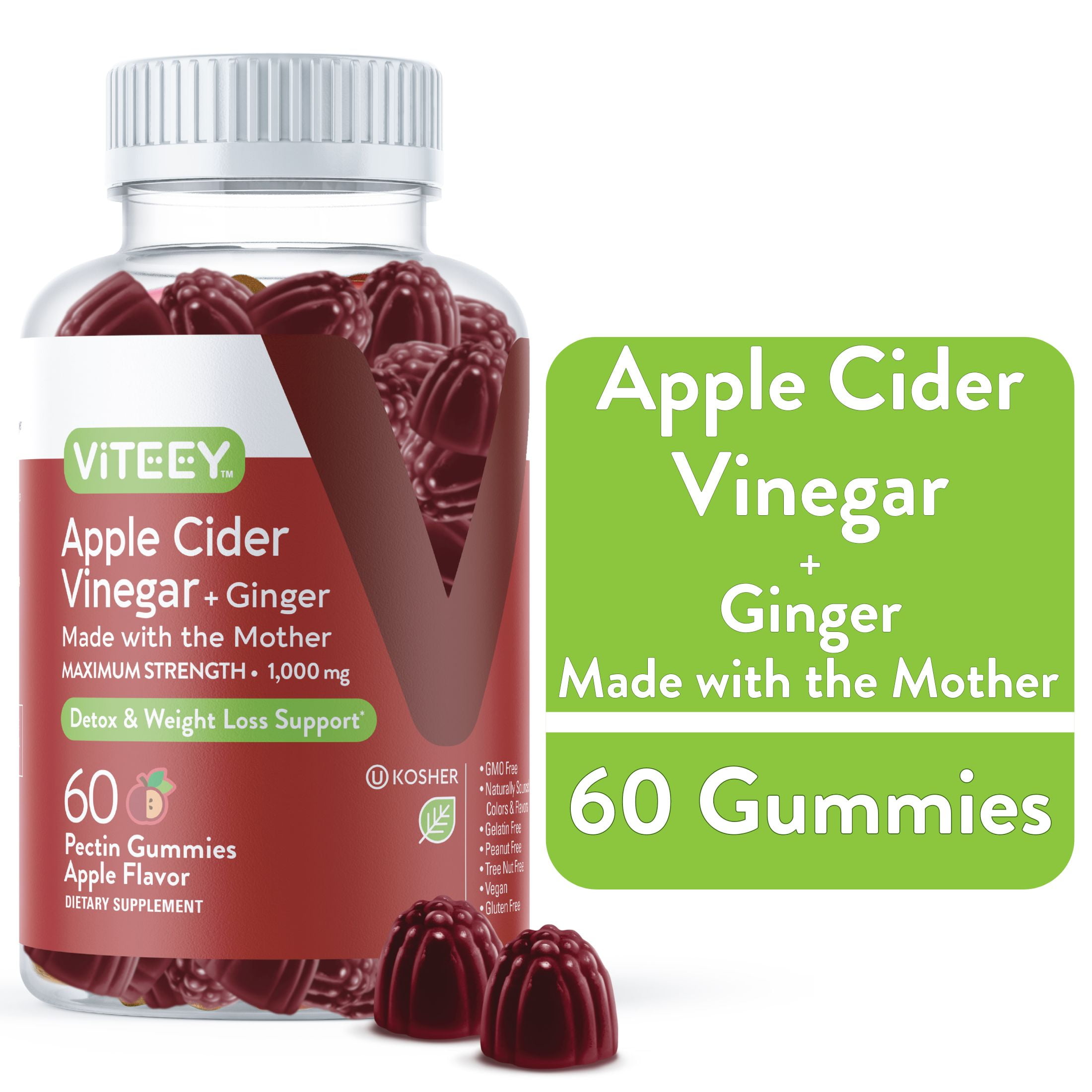 VITEEY Apple Cider Vinegar & Ginger Gummies, Detox, Cleanse, Apple ...