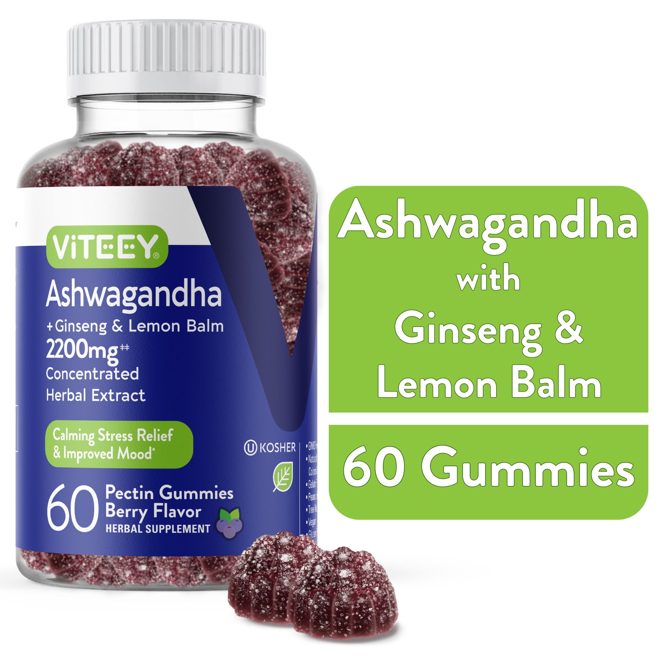 VITEEY Ashwagandha Gummies, Stress Support, Berry Flavor, 60 Count, 1 ...
