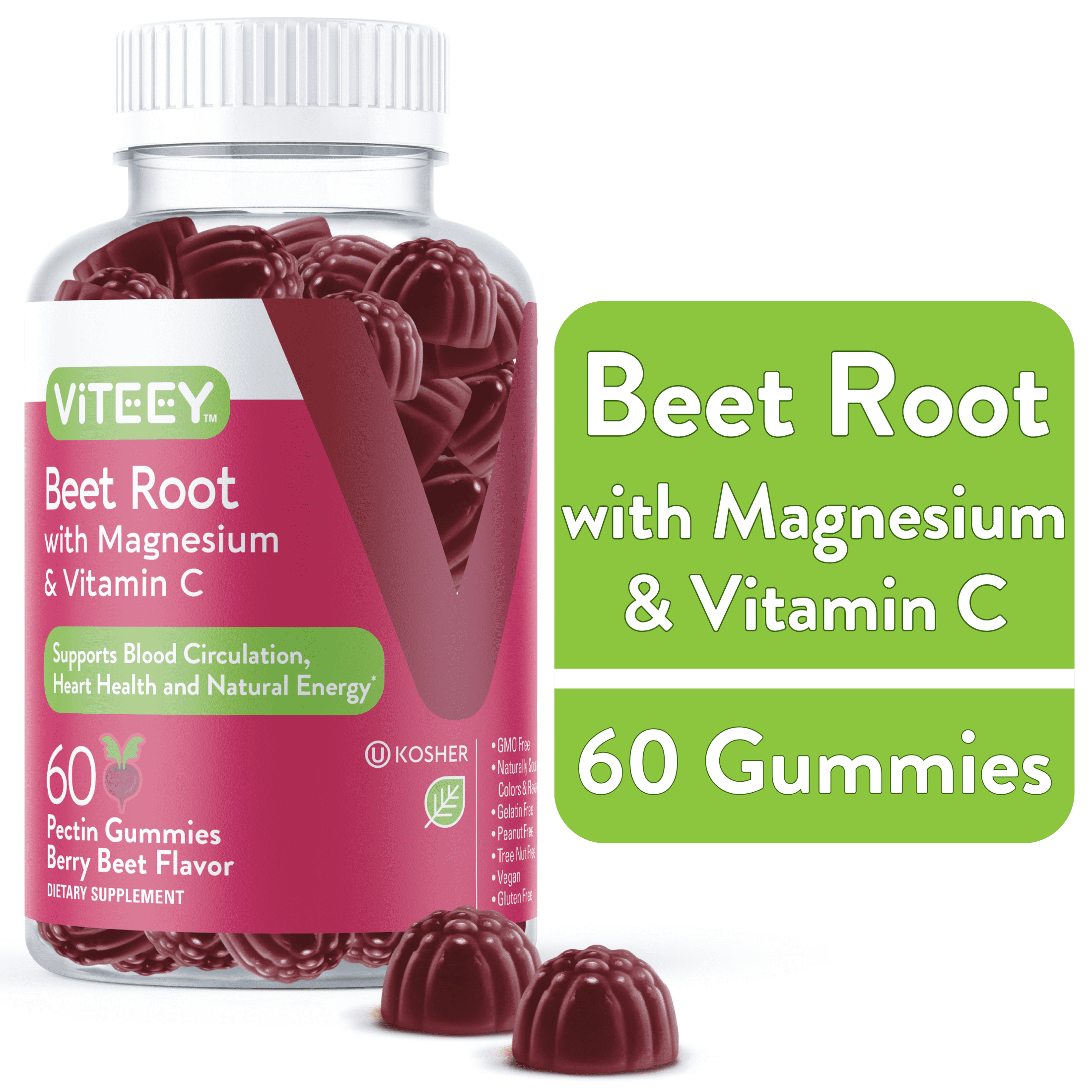 VITEEY Beet Root Gummies with Magnesium and Vitamin C, Energy and Heart ...