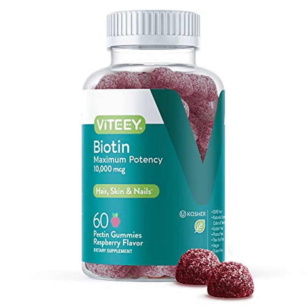 VITEEY Biotin Gummies 10,000 mcg, Hair Skin and Nails, Raspberry Flavor ...