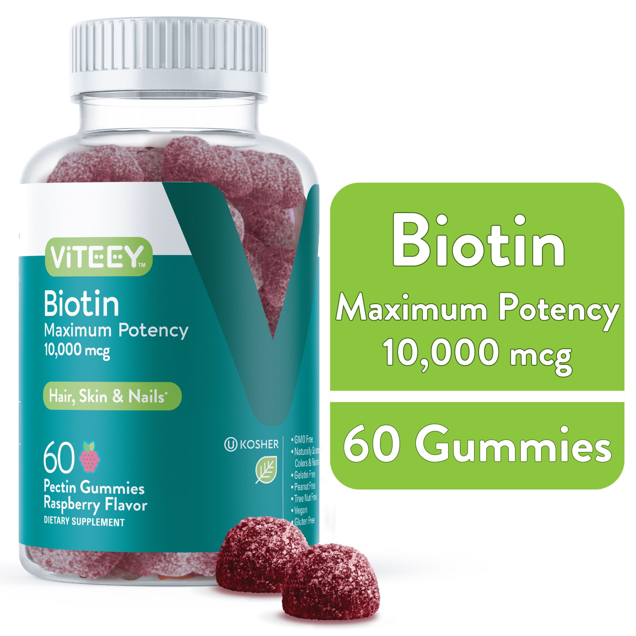 VITEEY Biotin Gummies 10,000 mcg, Hair Skin and Nails, Raspberry Flavor ...