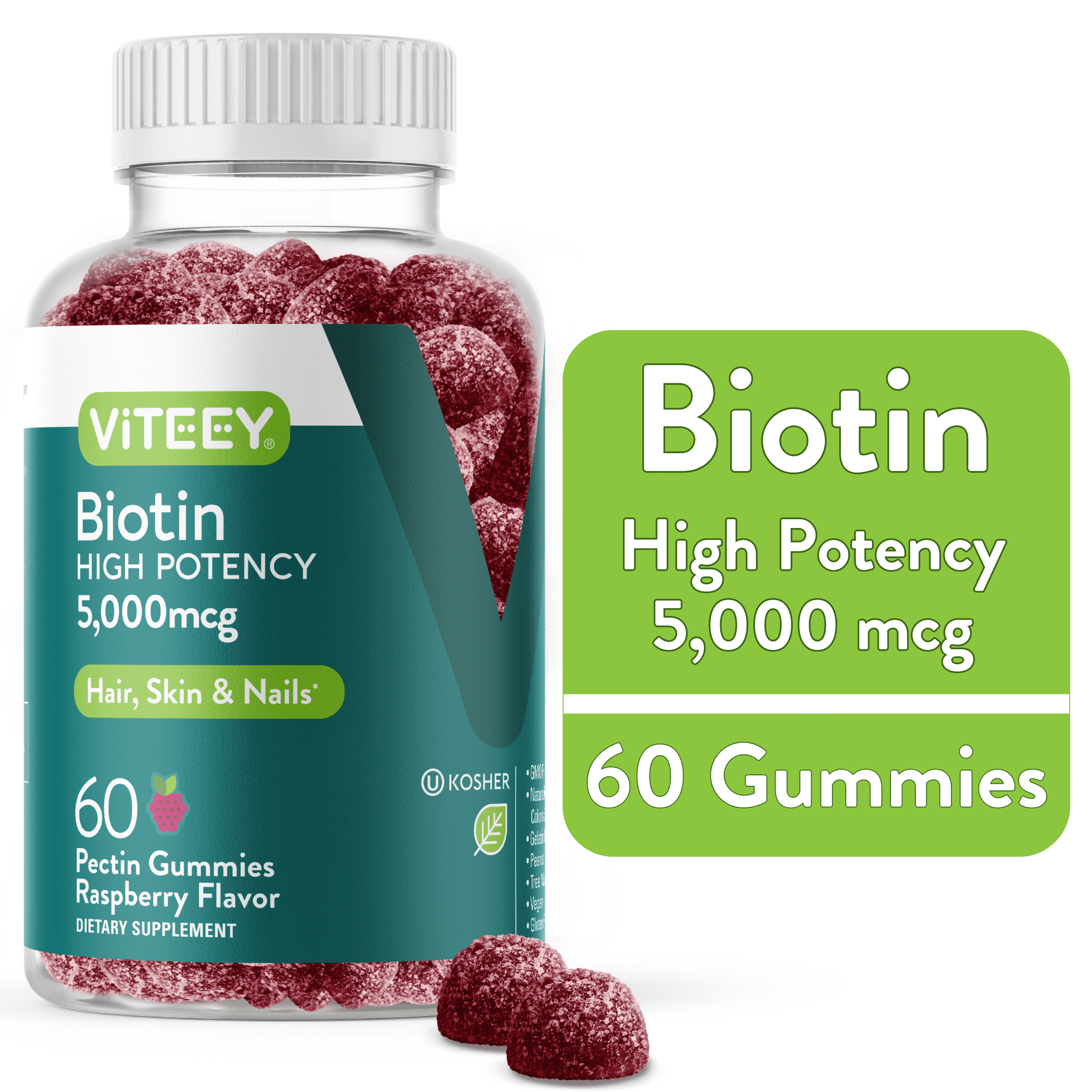 VITEEY Biotin Gummies 5,000 mcg, Hair Skin and Nails, Raspberry Flavor ...